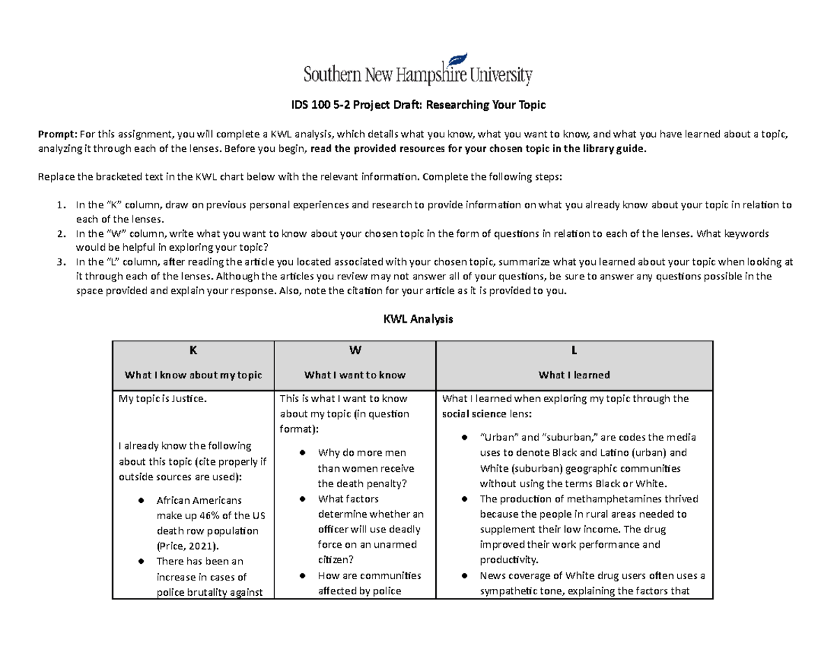 Module 5-2 Project Draft Researching Your Topic Template - IDS 100 5-2 ...