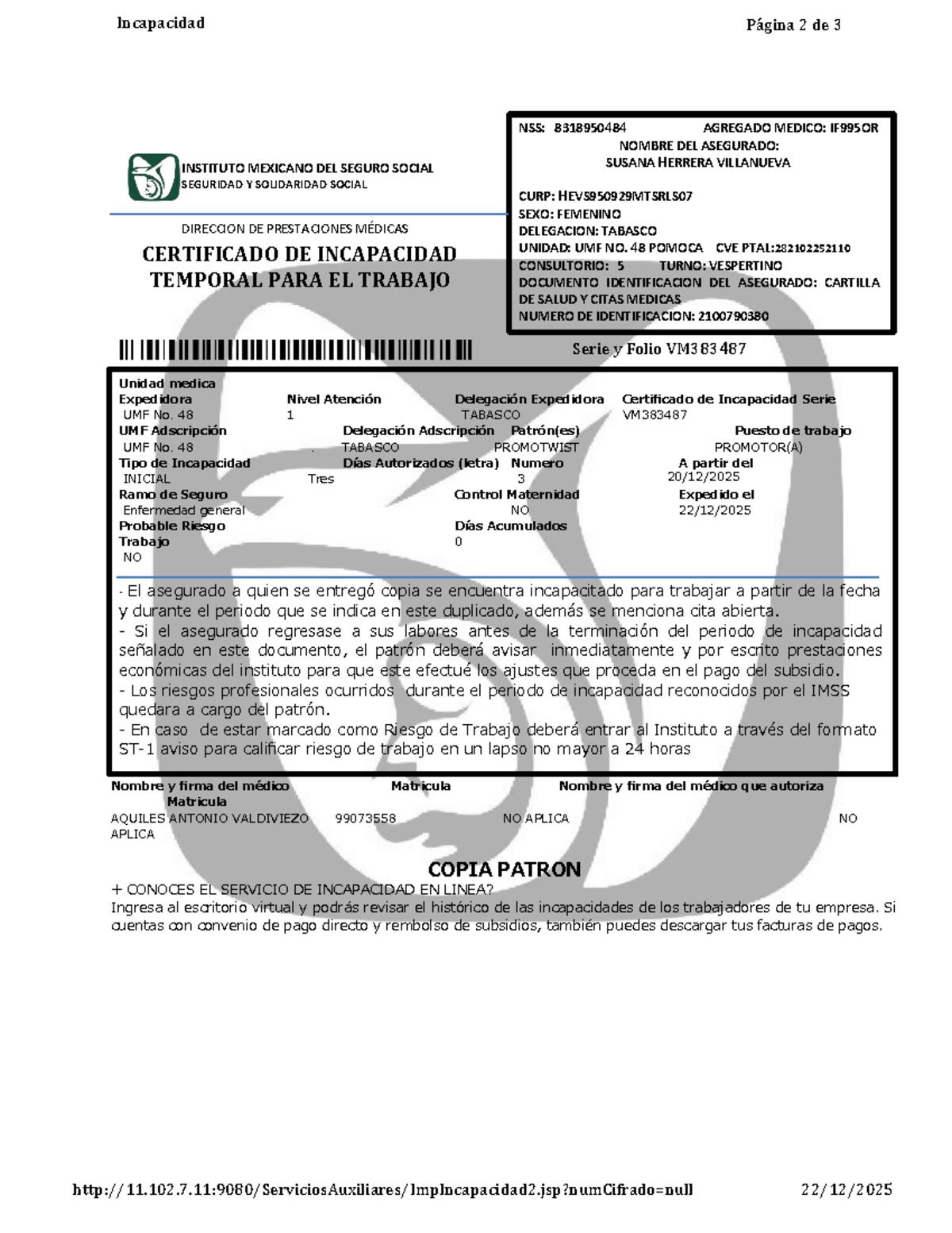 Certificado de Incapacidad Temporal - NSS: 8318950484 - Studocu
