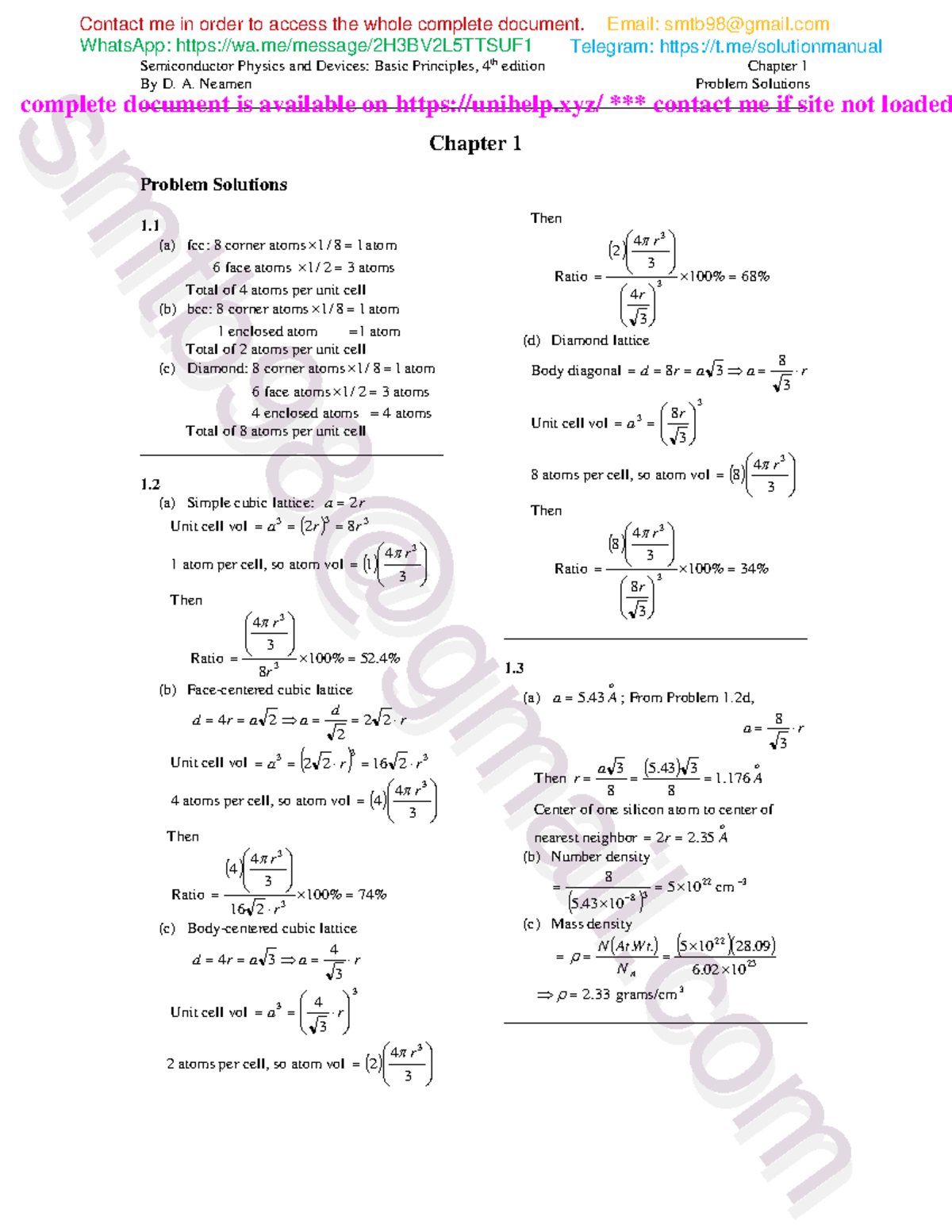 Solution Manual for Semiconductor Physics and Devices (4th Ed) - Ch 1 Solutions - Studocu