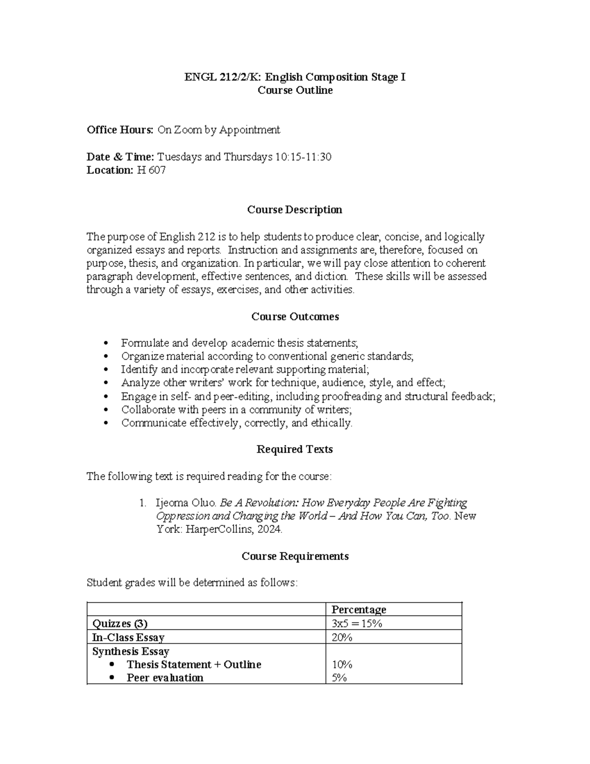 ENGL 212 English Composition Stage I Course Outline & Requirements ...