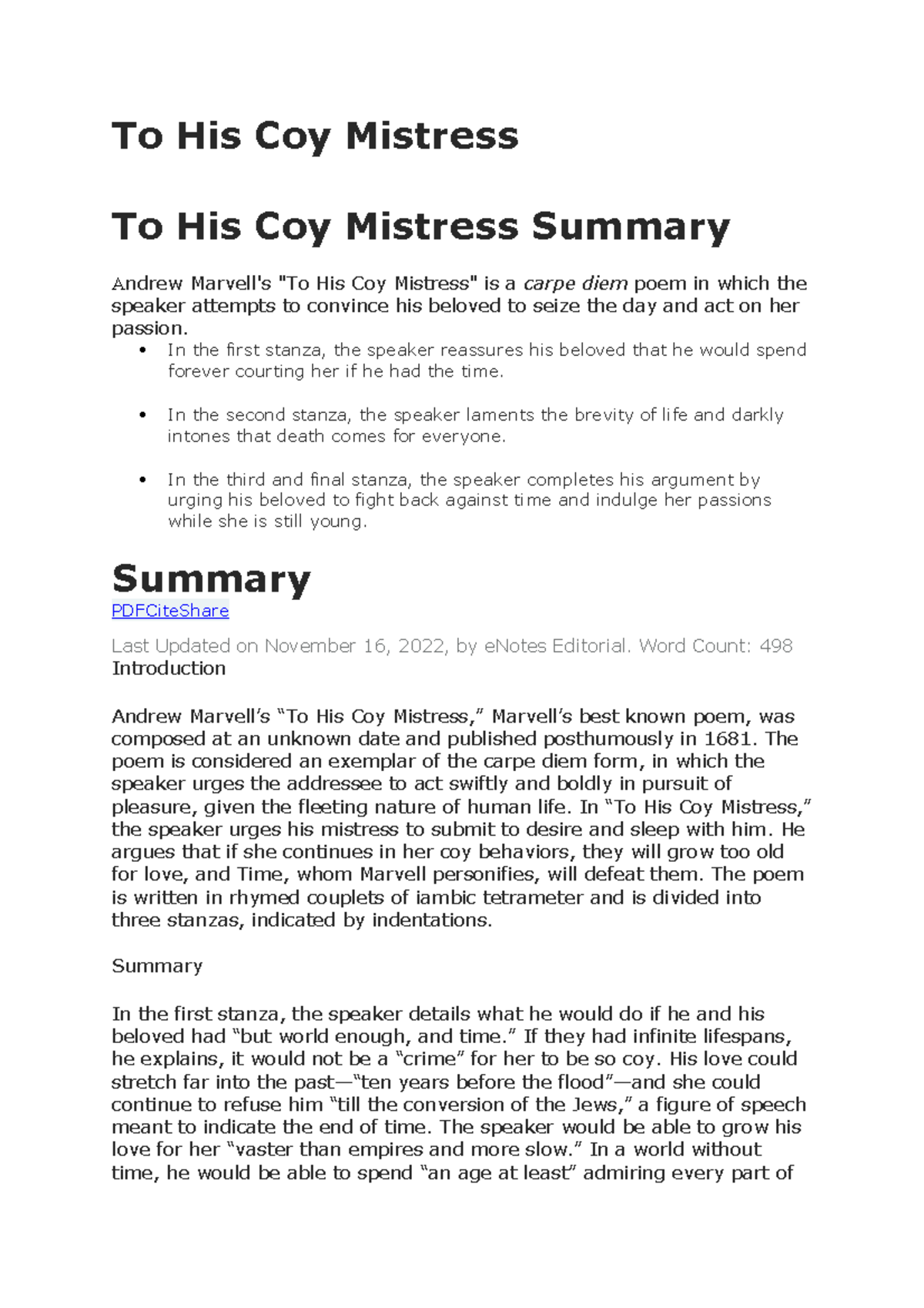 To His Coy Mistress (From Andrew Marvell) - Study Notes & Analysis ...