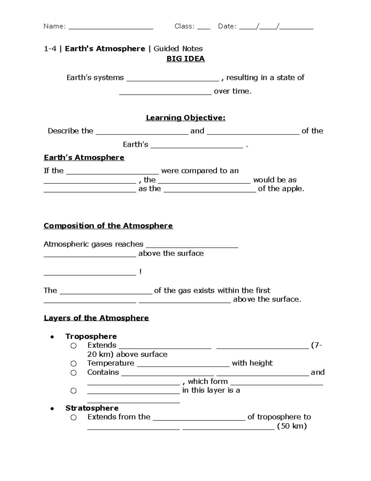 1-4 Earth’s Atmosphere Guided Notes: Layers & Composition - Studocu
