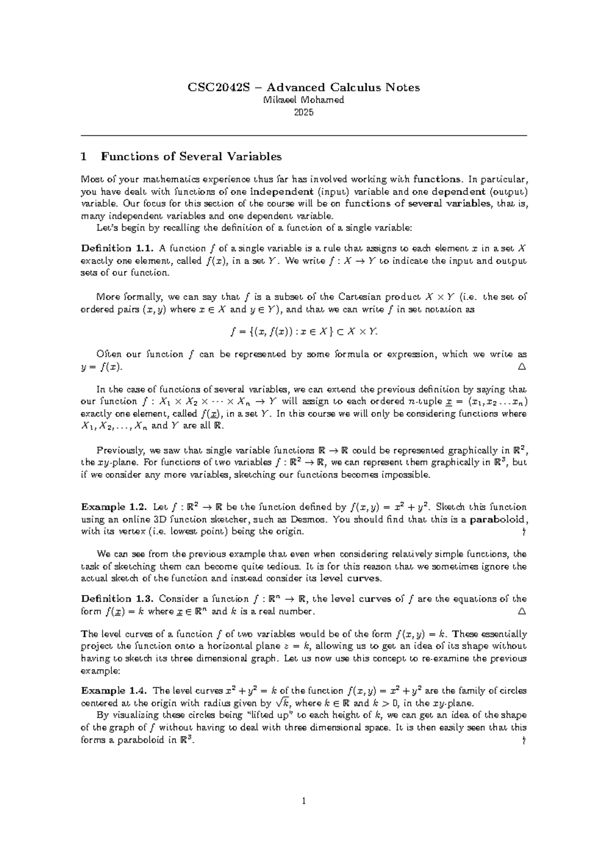 CSC2042S Advanced Calculus: Functions of Several Variables Notes - Studocu