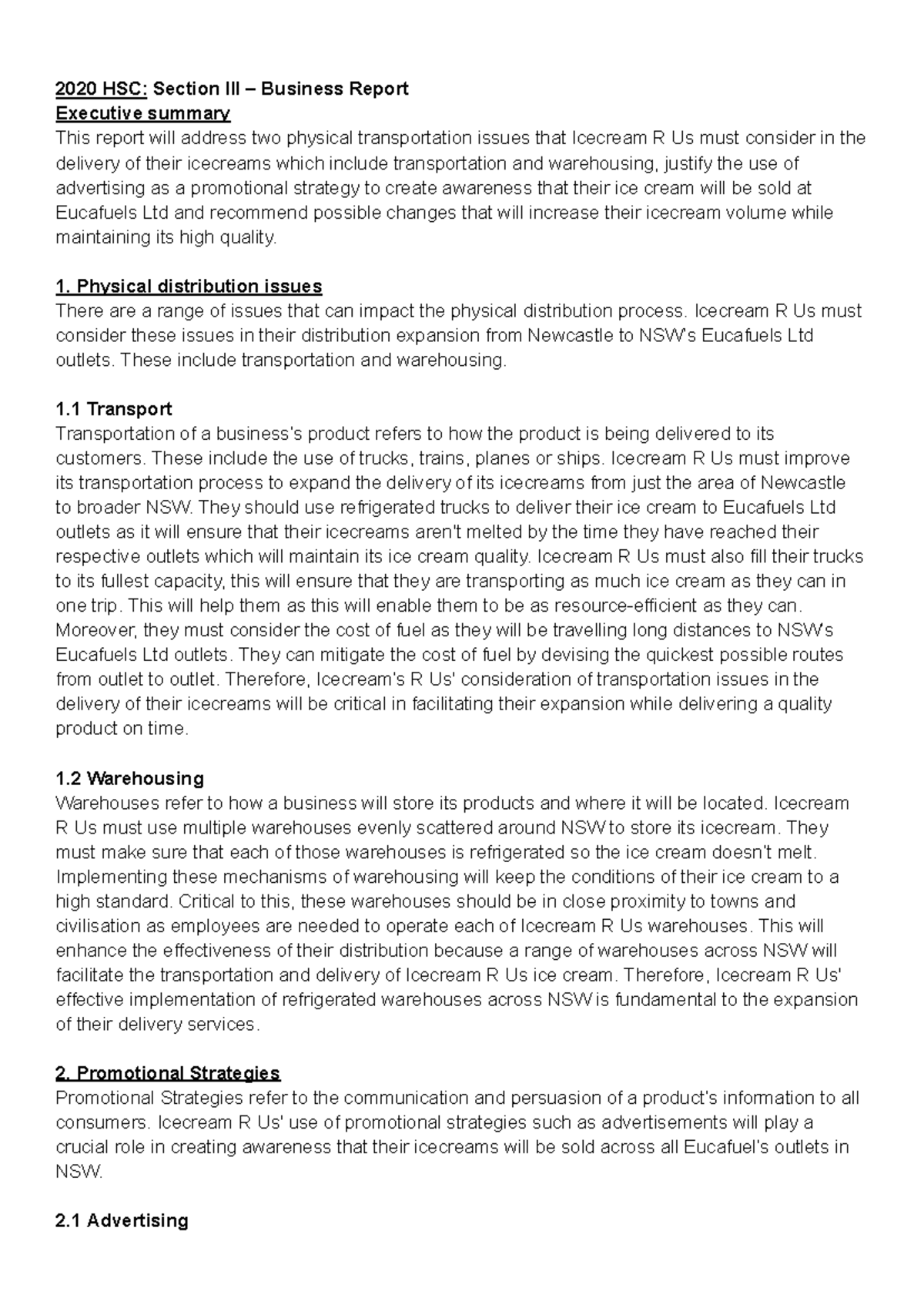 2020 HSC Business Report: Distribution & Promotion Strategies - Studocu