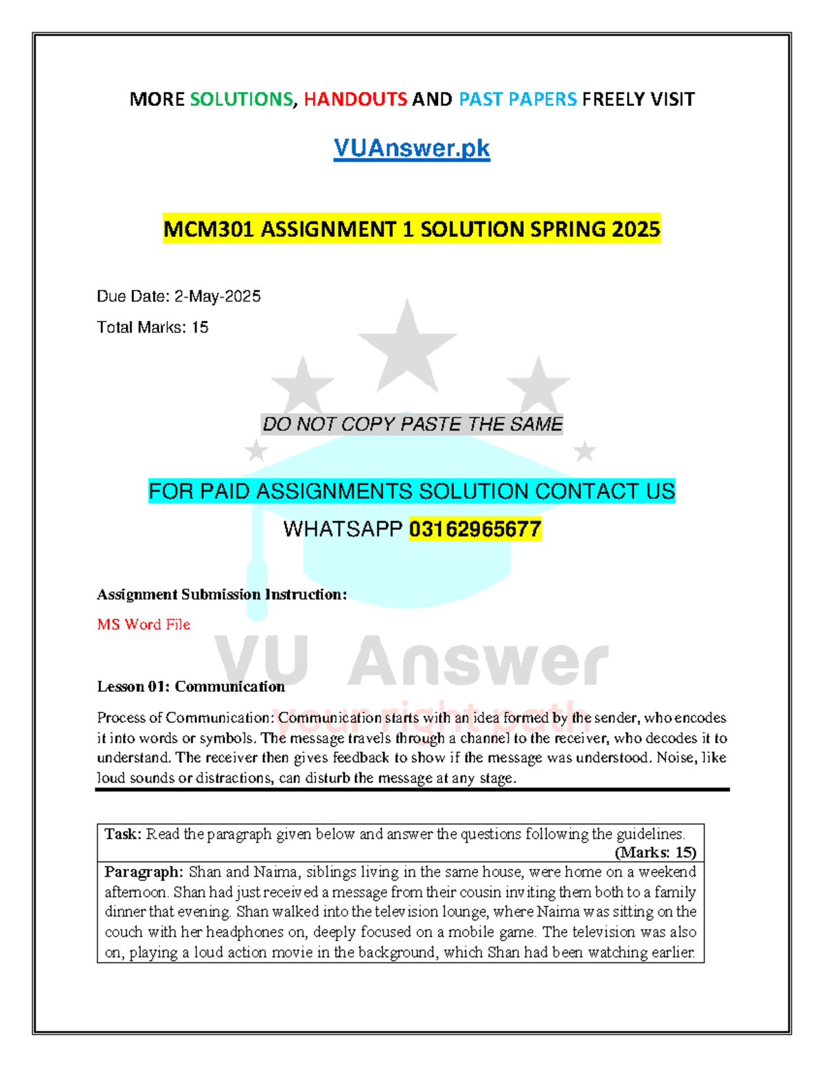 Mcm301 Assignment 1 Correct Solution Spring 2025 Communication Process