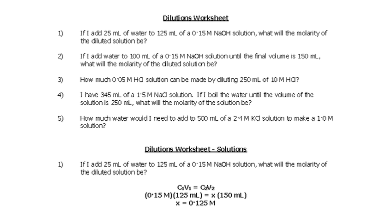 Dilutions Worksheet for Organic Chemistry Practice - Studocu
