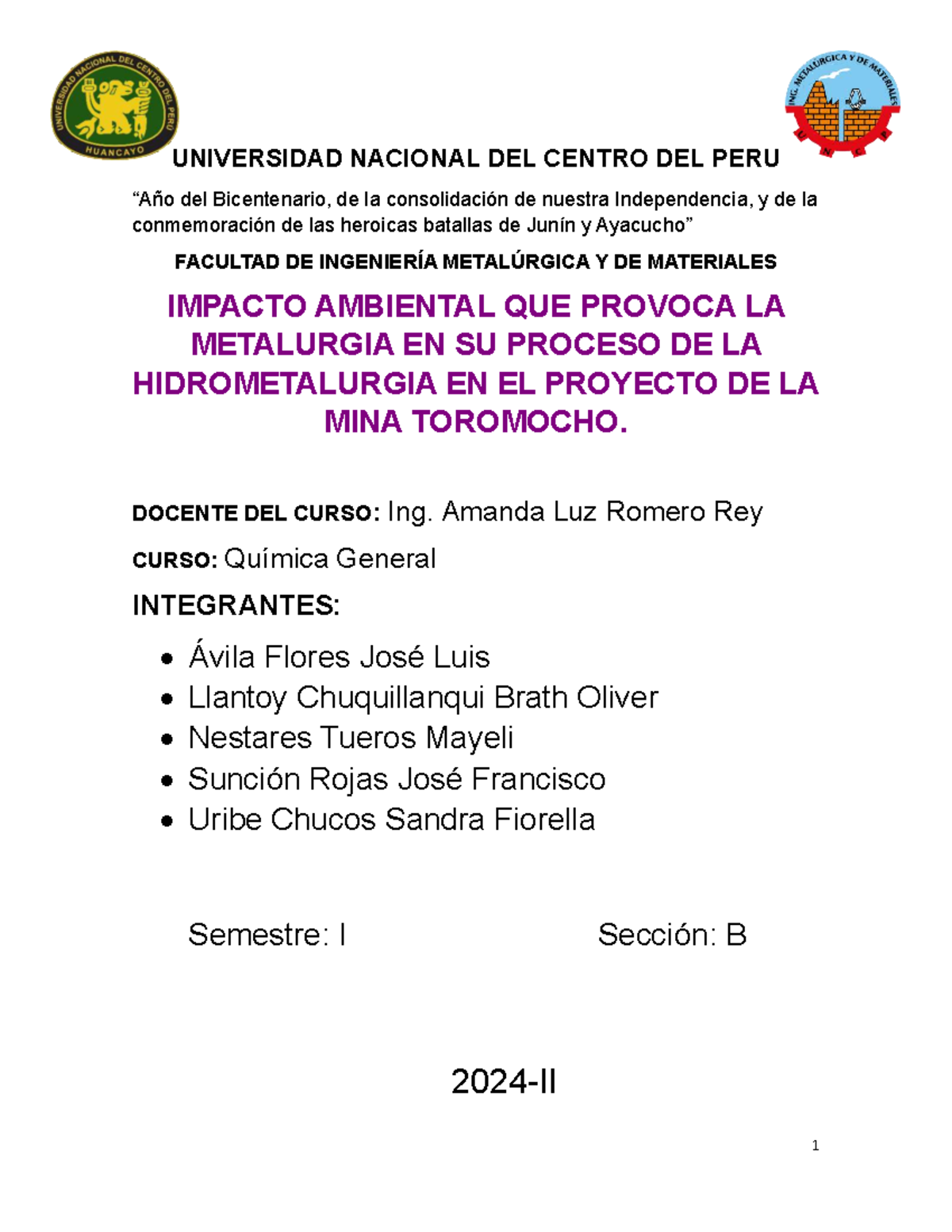 Impacto Ambiental de la Hidrometalurgia en la Mina Toromocho - Química General - Studocu