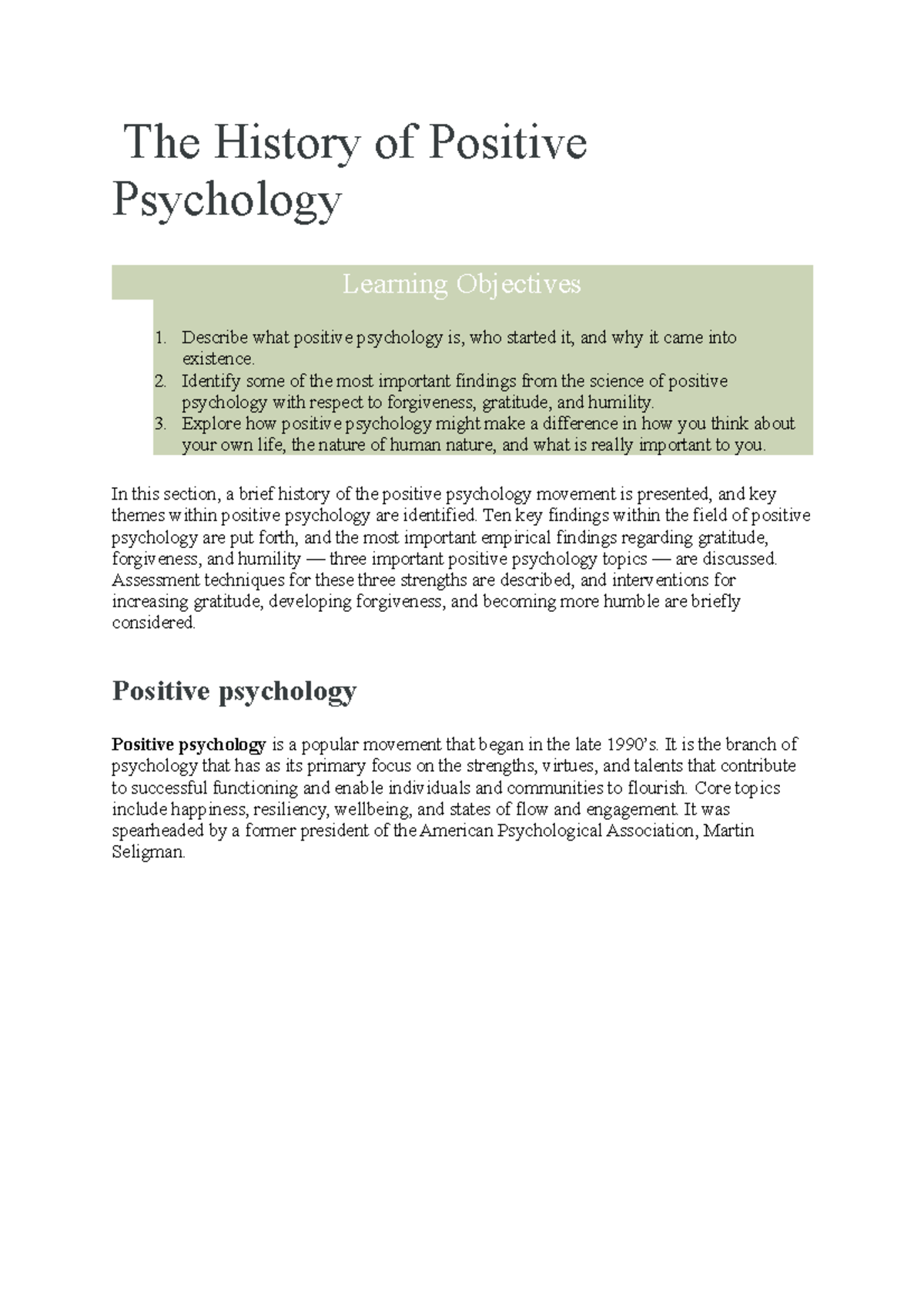 History of Positive Psychology: Key Themes and Findings - Studocu