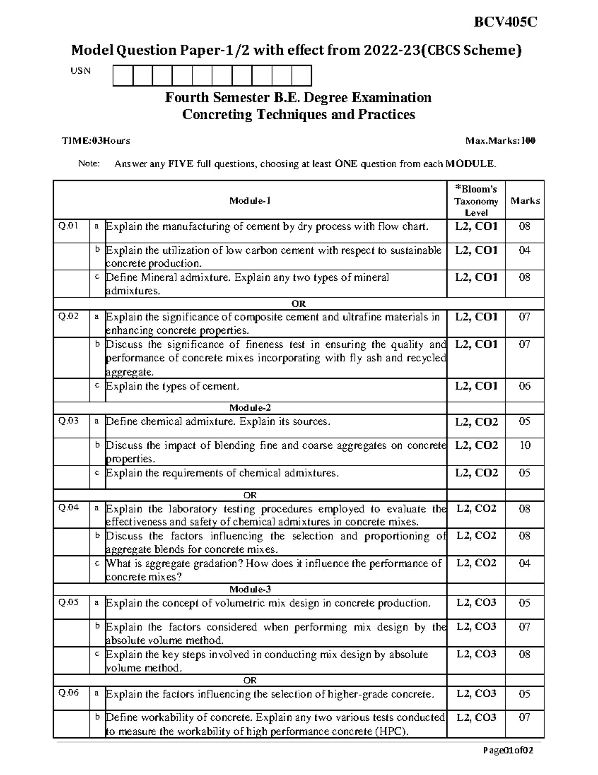 BCV405C Concreting Techniques & Practices Model Questions for 4th Sem B ...