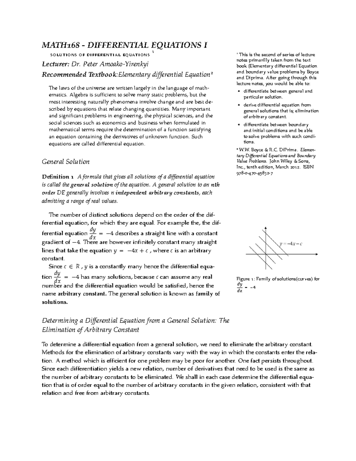 MATH 168 - Differential Equations I: Elimination of Constants - Studocu