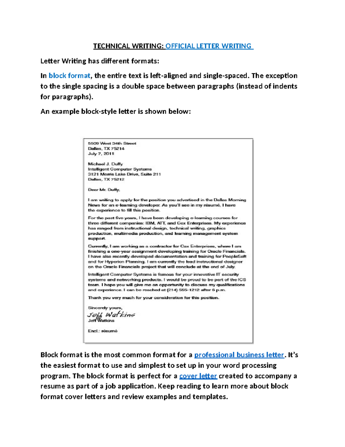Technical Writing Letter Format