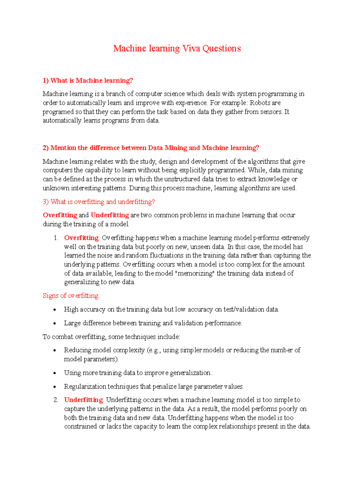 ML-Viva Questions: Key Concepts in Machine Learning - Studocu