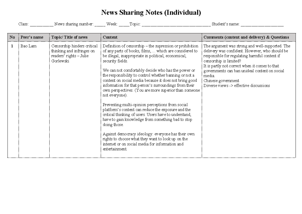 Handout - Group News Sharing Notes (Individual) - Studocu