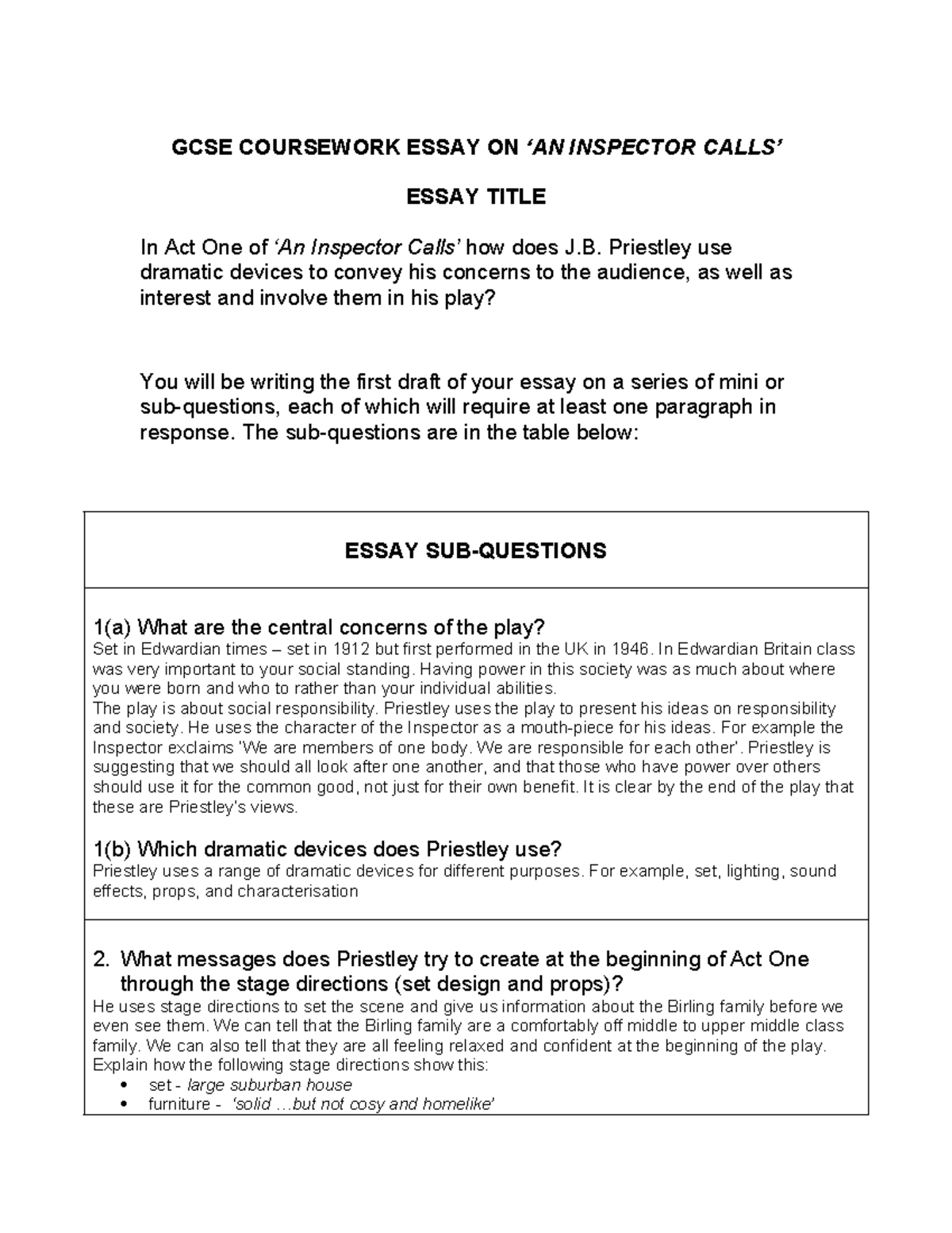 GCSE An Inspector Calls Essay Plan: Dramatic Devices & Themes - Studocu