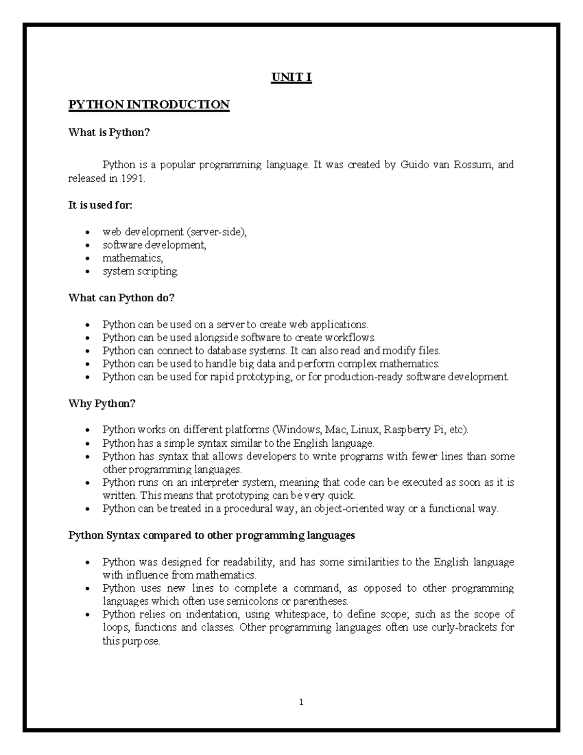 Python UNIT I: Introduction to Python Programming Concepts - Studocu