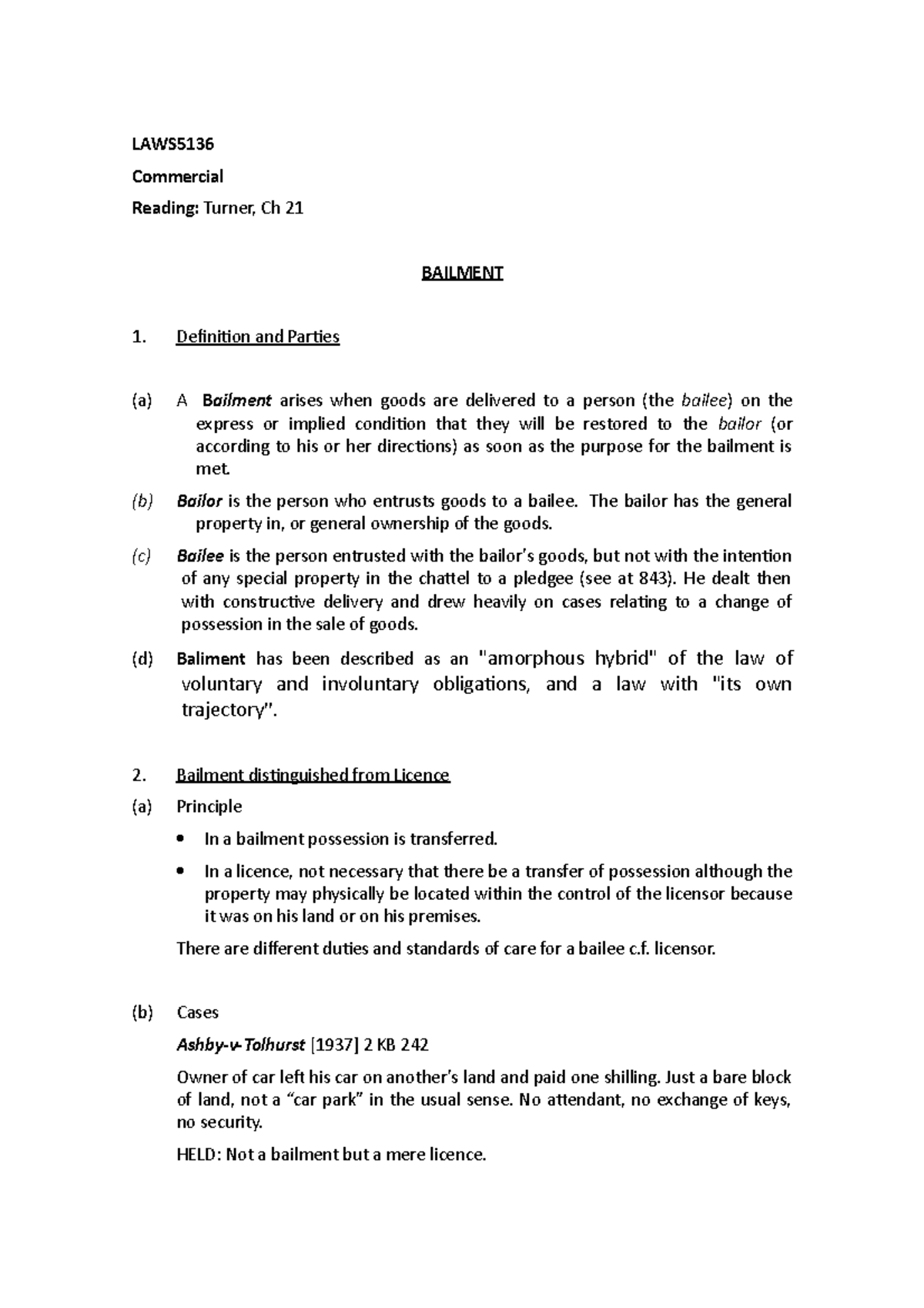 Laws 5136 Lecture 6: Understanding Bailment Concepts and Cases - Studocu