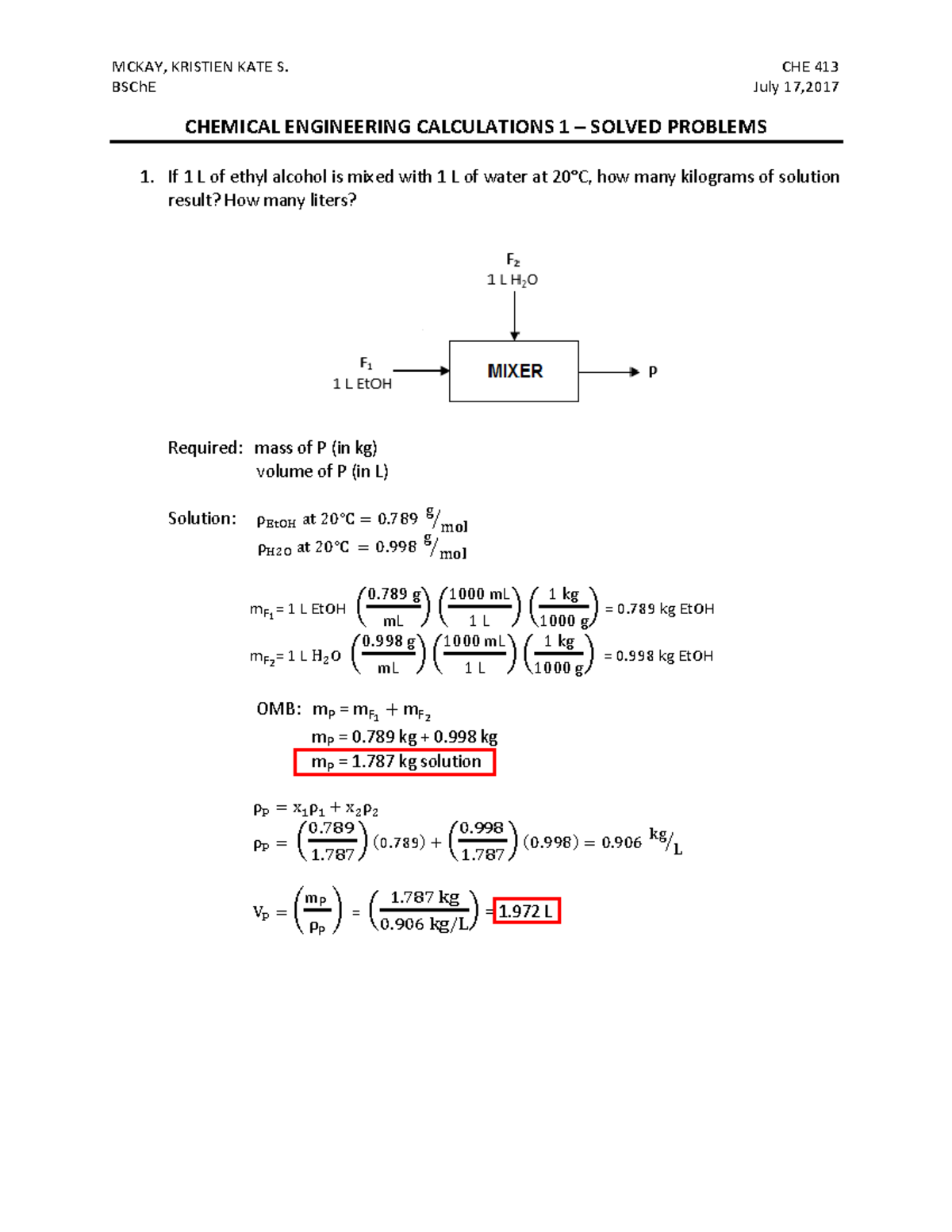 CheCal Problems - BSChE July 17, CHEMICAL ENGINEERING CALCULATIONS 1 – SOLVED PROBLEMS If 1 L of ...
