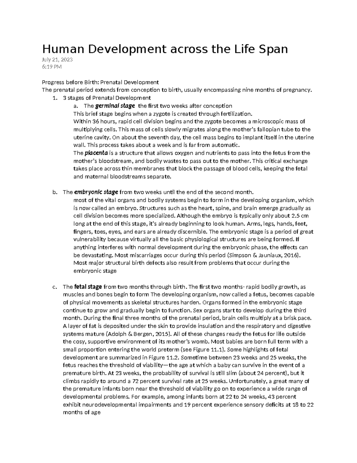 Human Development across the Life Span - 1. 3 stages of Prenatal ...