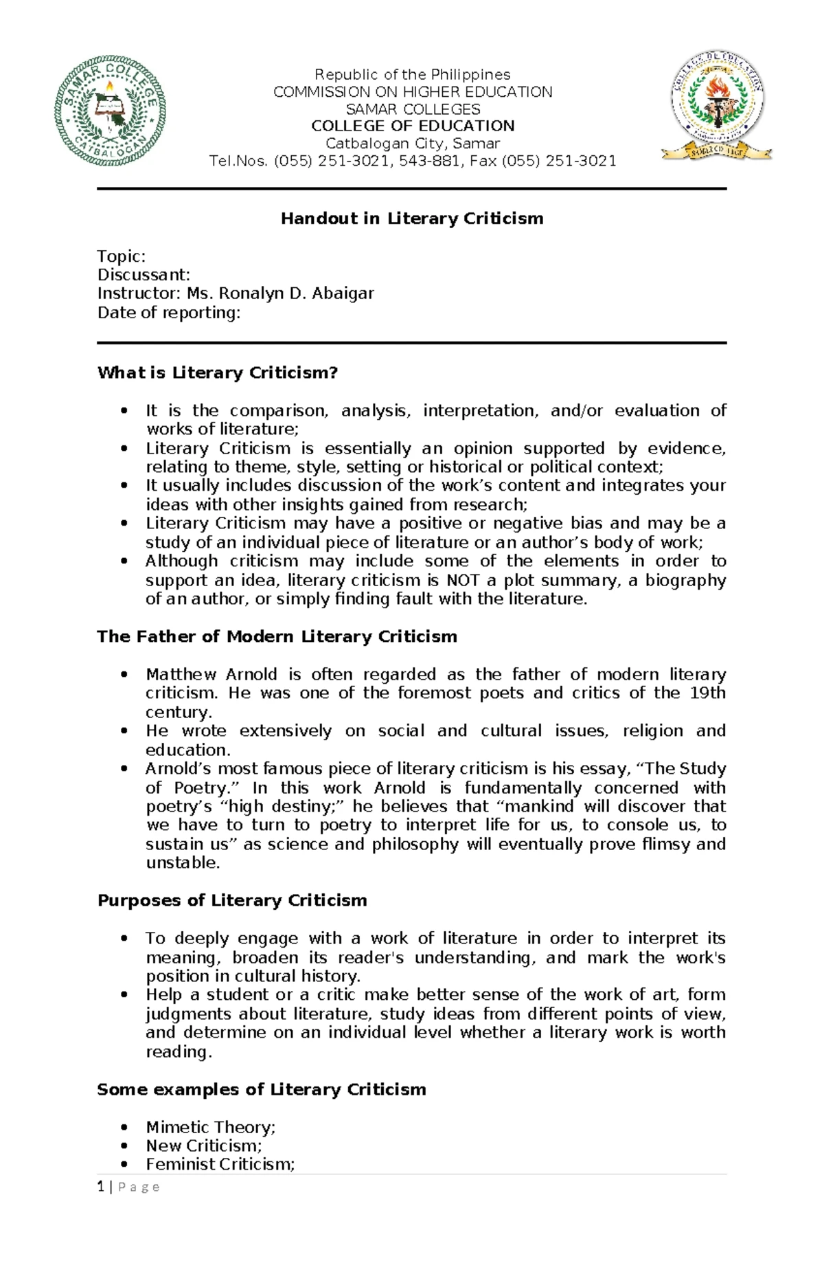 Mimesis in Literary Criticism: Lecture Notes (EDUC 101) - Studocu
