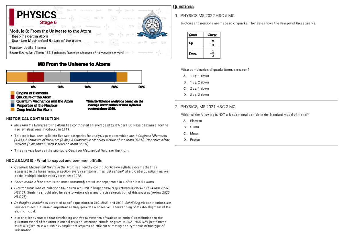 PHYSICS M8 2022 HSC Exam Questions on Quarks and Atomic Structure - Studocu