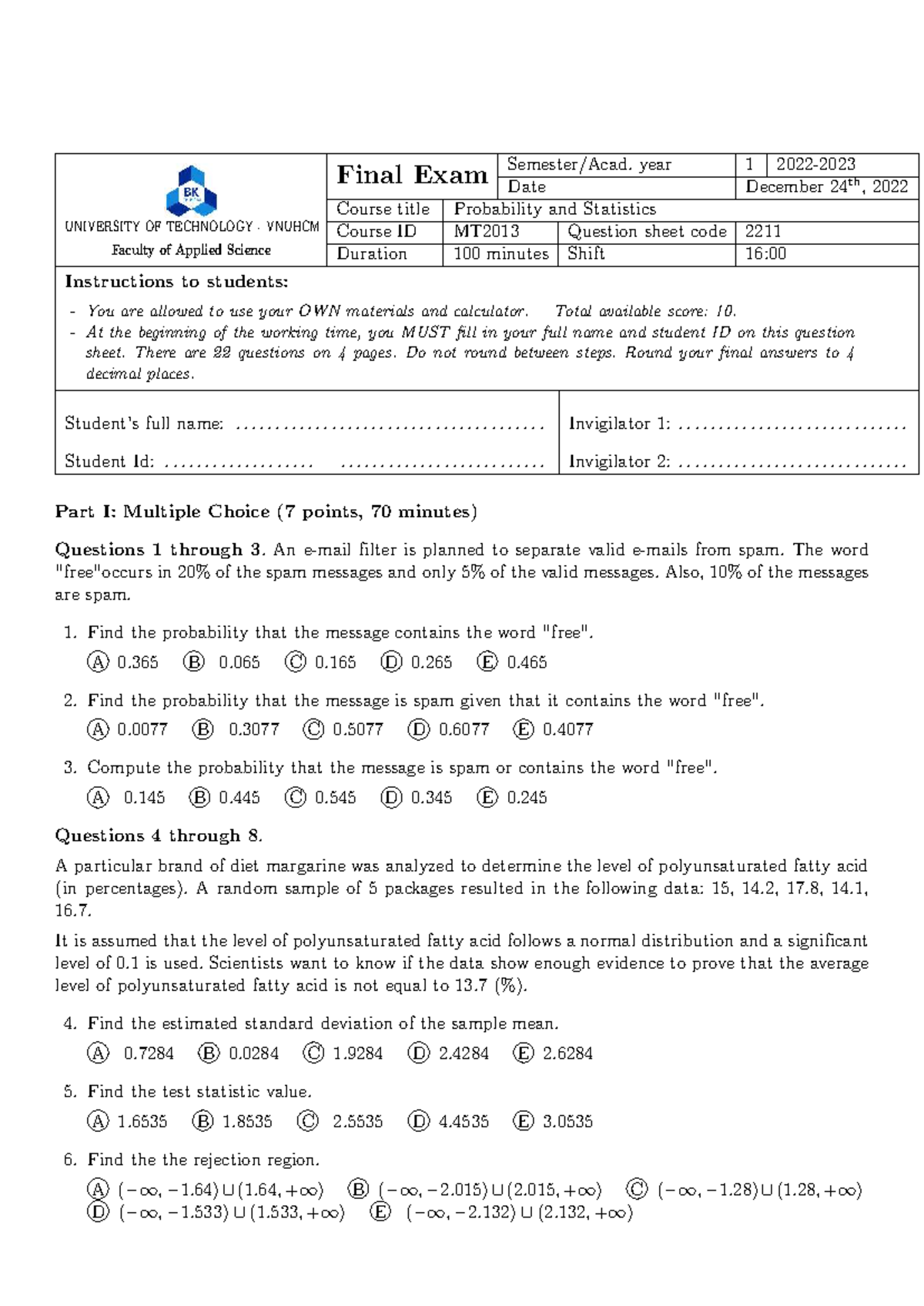 Final Exam MT2013: Probability & Statistics Questions (Dec 2022) - Studocu