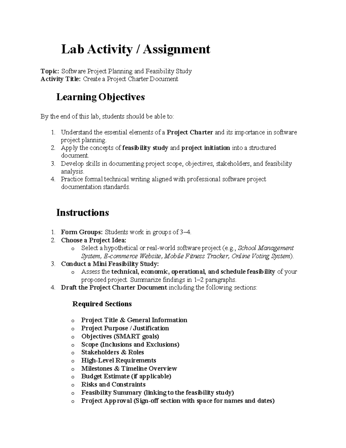 Lab Activity: Project Charter & Feasibility Study (CS101) - Studocu