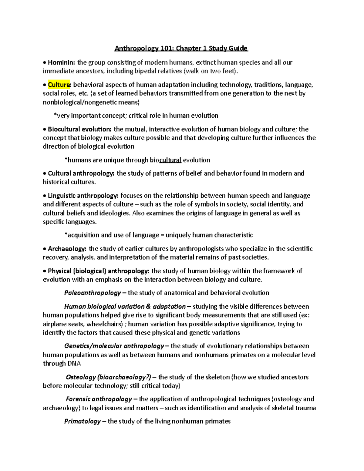 Anthro 101 - Ch.1 SG - Study Guide - Anthropology 101: Chapter 1 Study ...