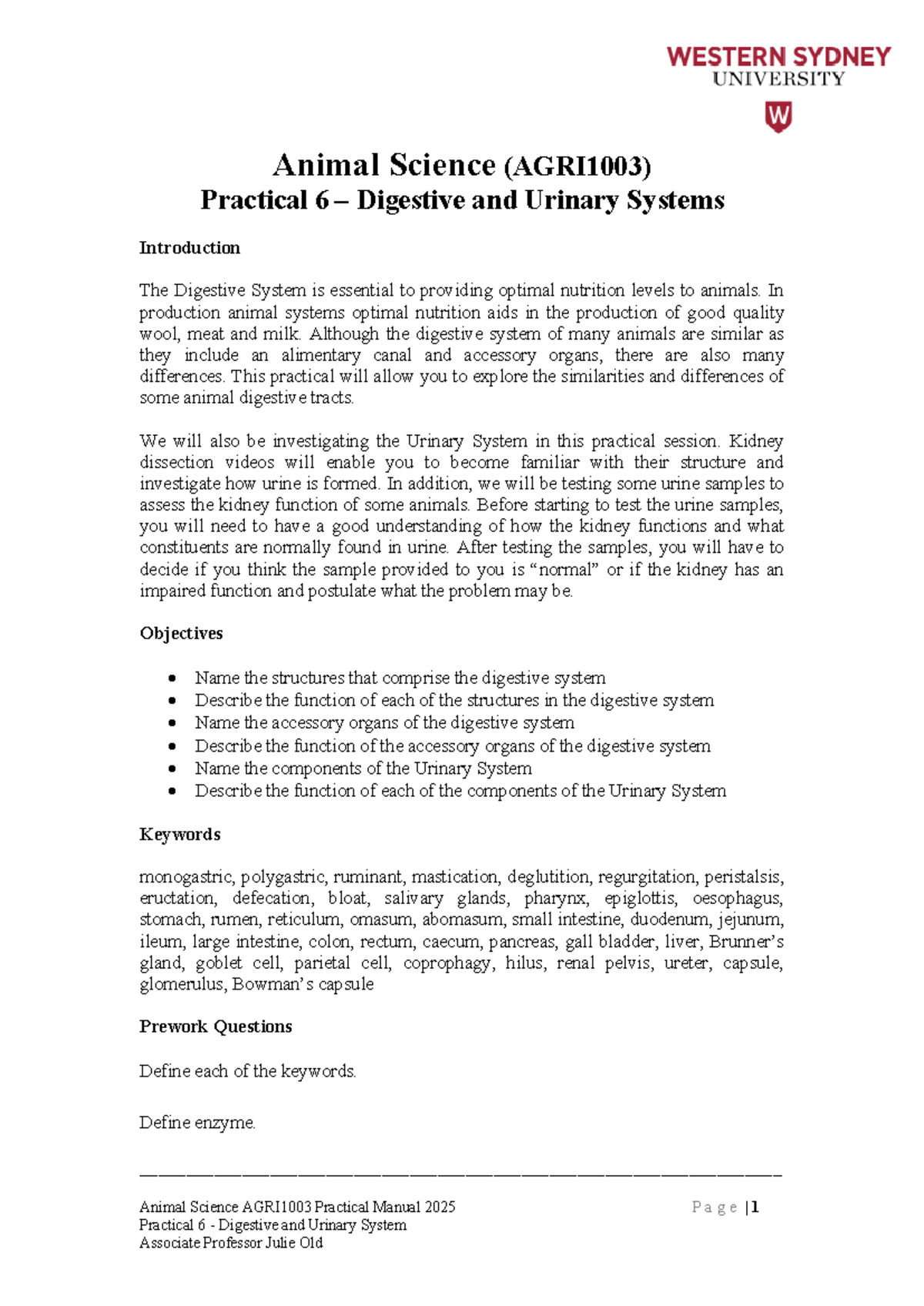 Animal Science (AGRI1003) Practical 6: Digestive & Urinary Systems ...
