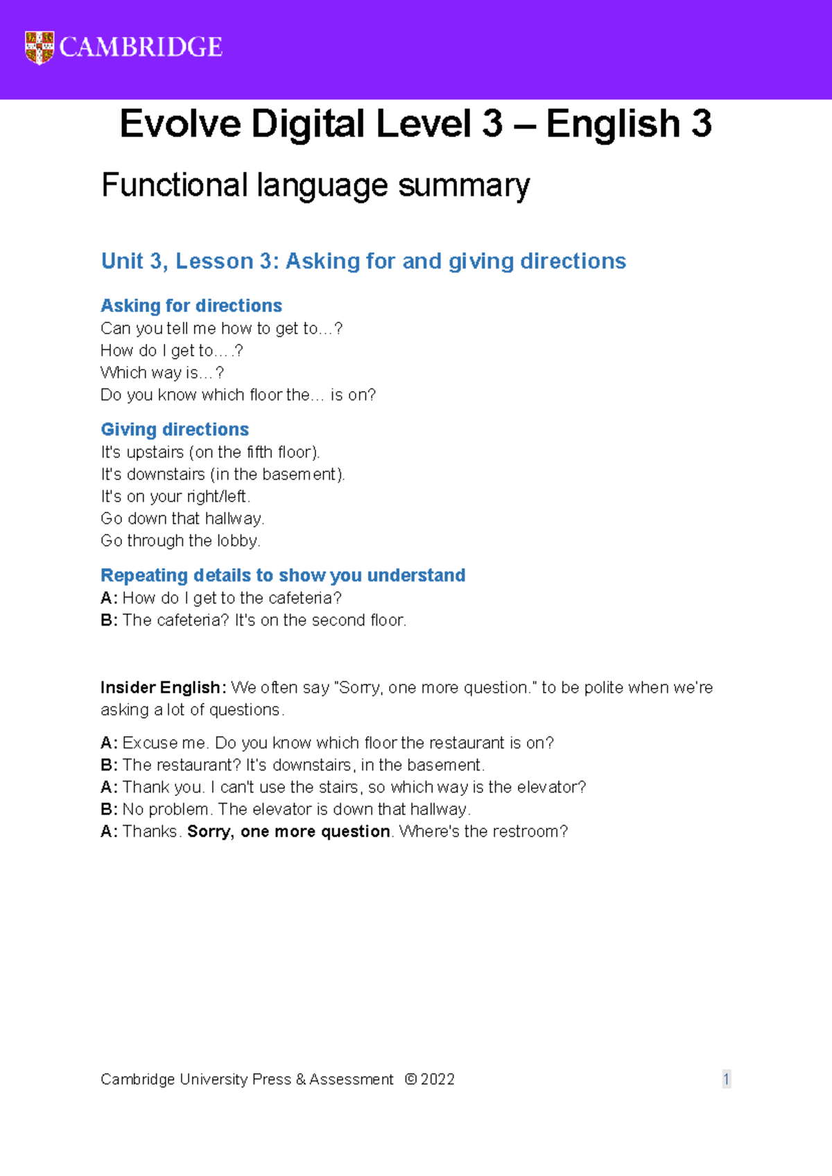 Evolve Digital Level 3 English 3: Unit 3 Functional Language Summary ...