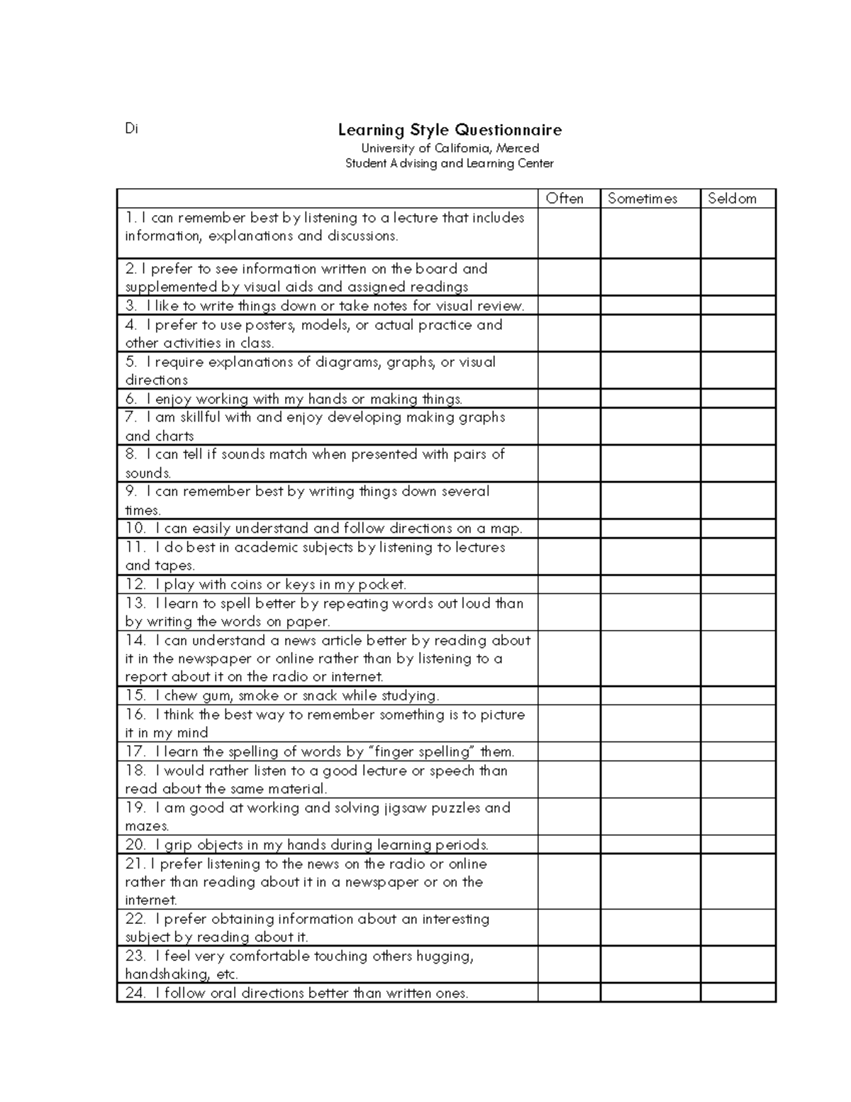 UC Merced Learning Style Questionnaire – Assess Your Learning ...
