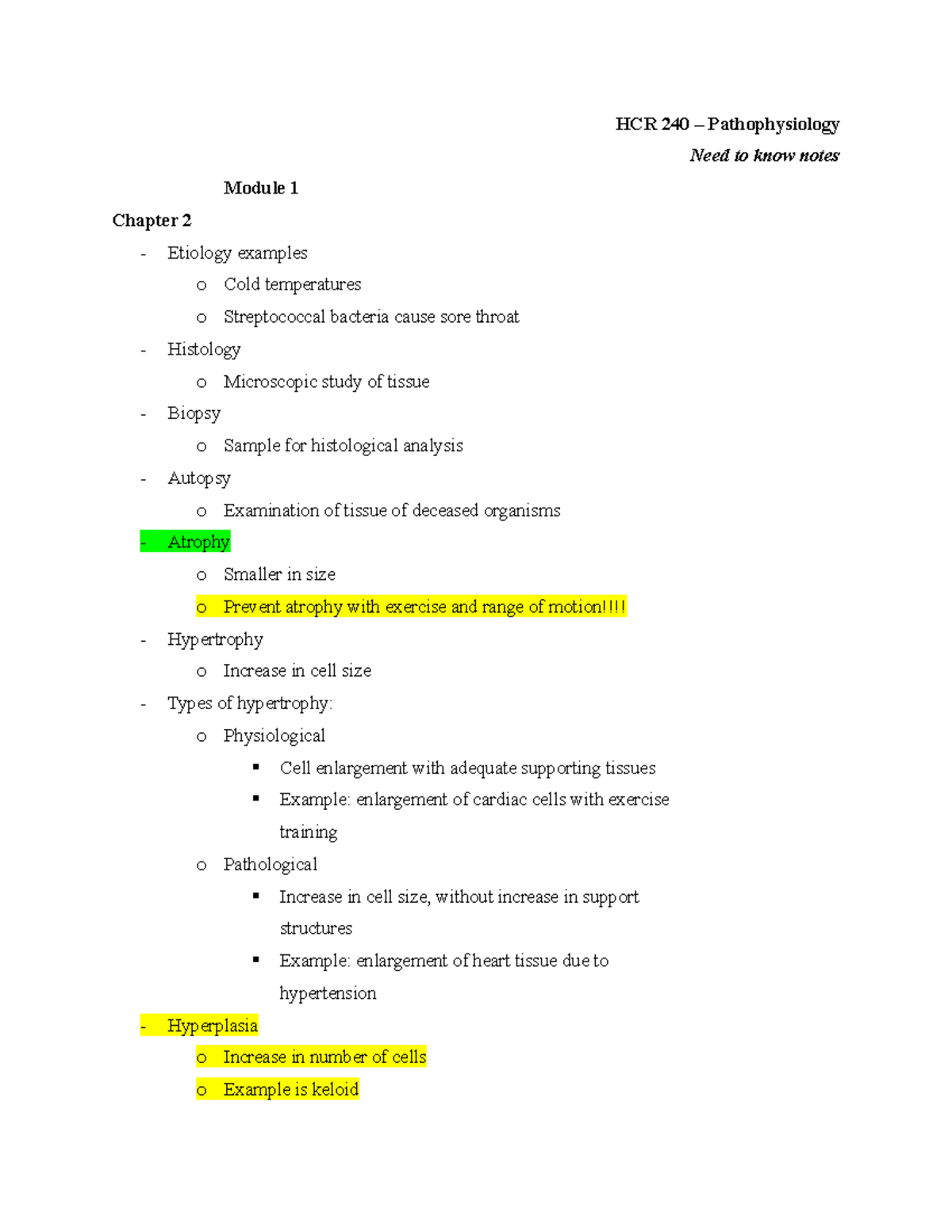 Final Exam Study Notes for HCR 240: Pathophysiology Key Concepts - Studocu