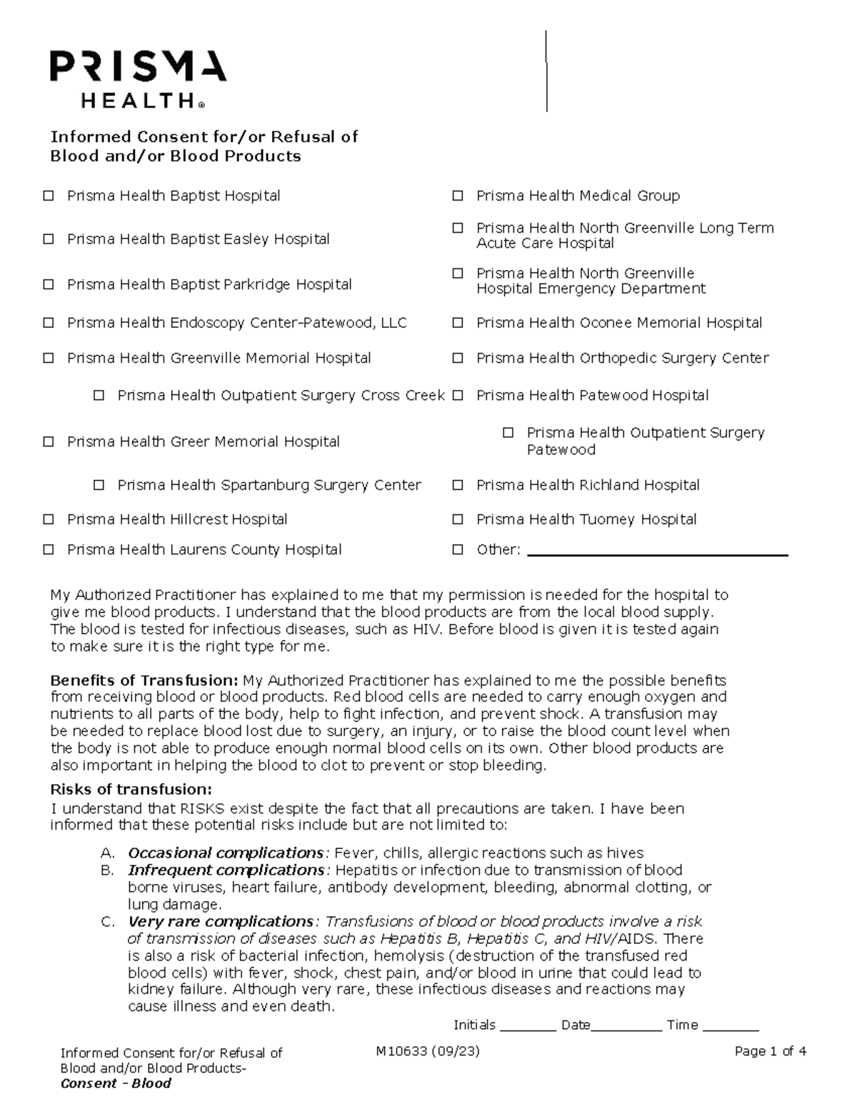 M10633-Blood Consent - Blood and/or Blood Products Informed Consent for ...