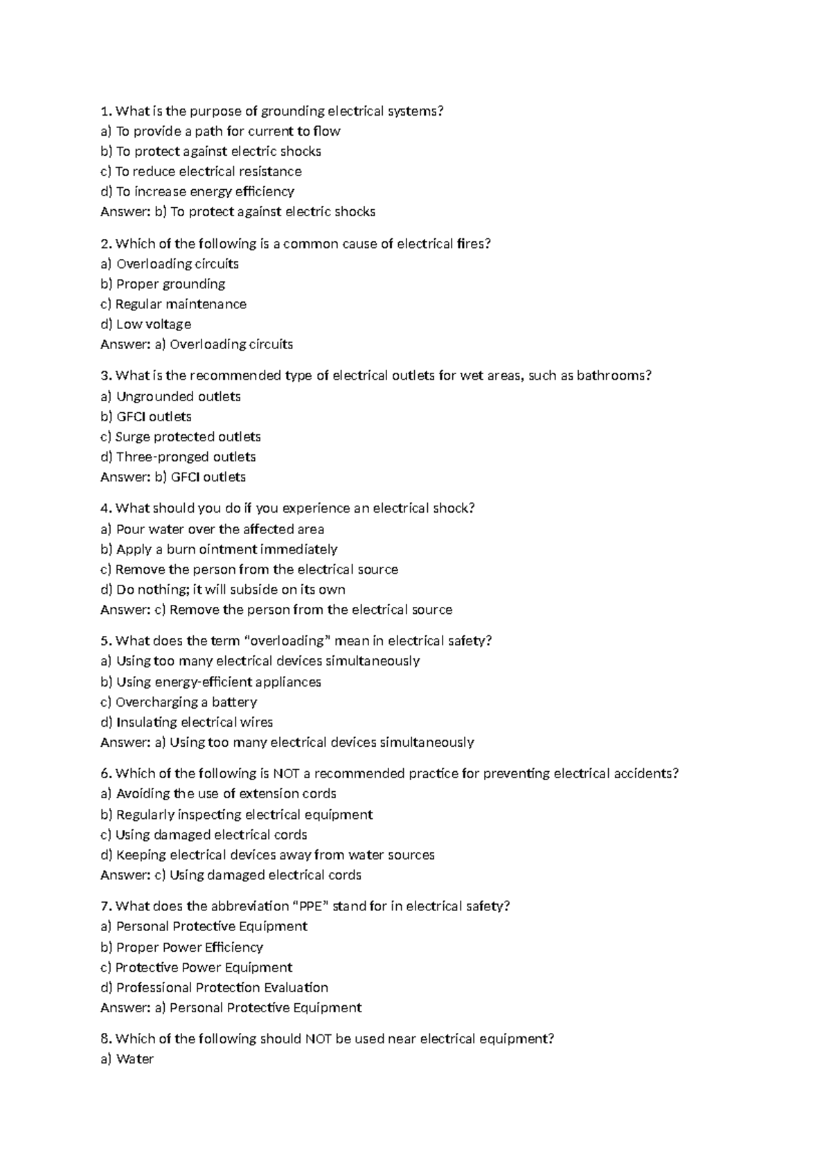 Electrical Safety Quiz - PPE and Grounding Practices (Course Code: ITI ...