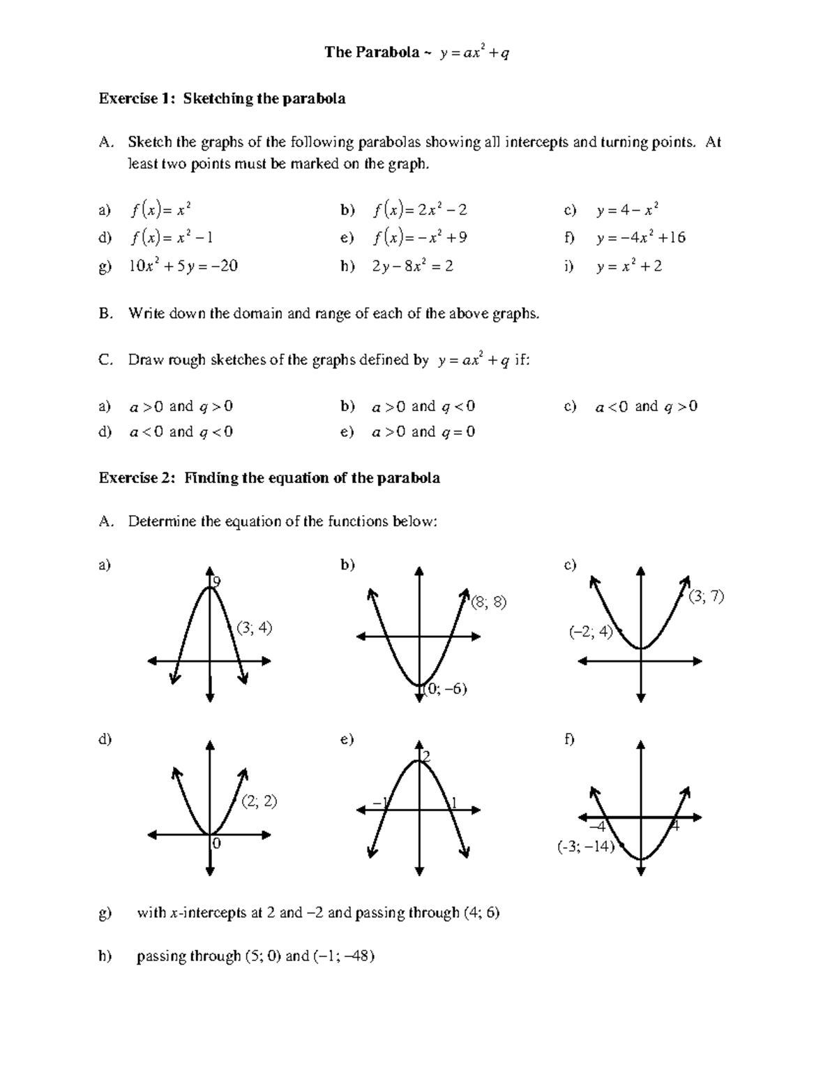 The Parabola Worksheet: Exercises on Sketching & Equations (Math 101 ...
