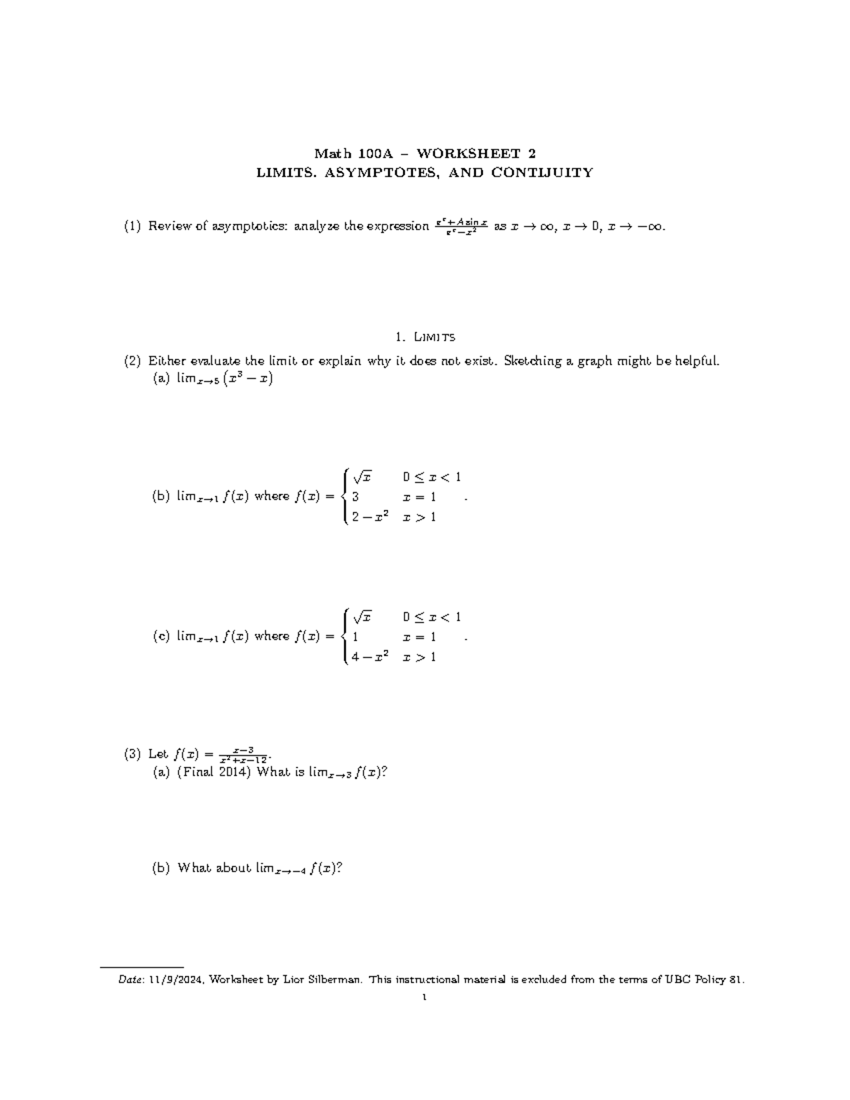 02 Limits Asymptotes - worksheet - Math 100A – WORKSHEET 2 LIMITS ...