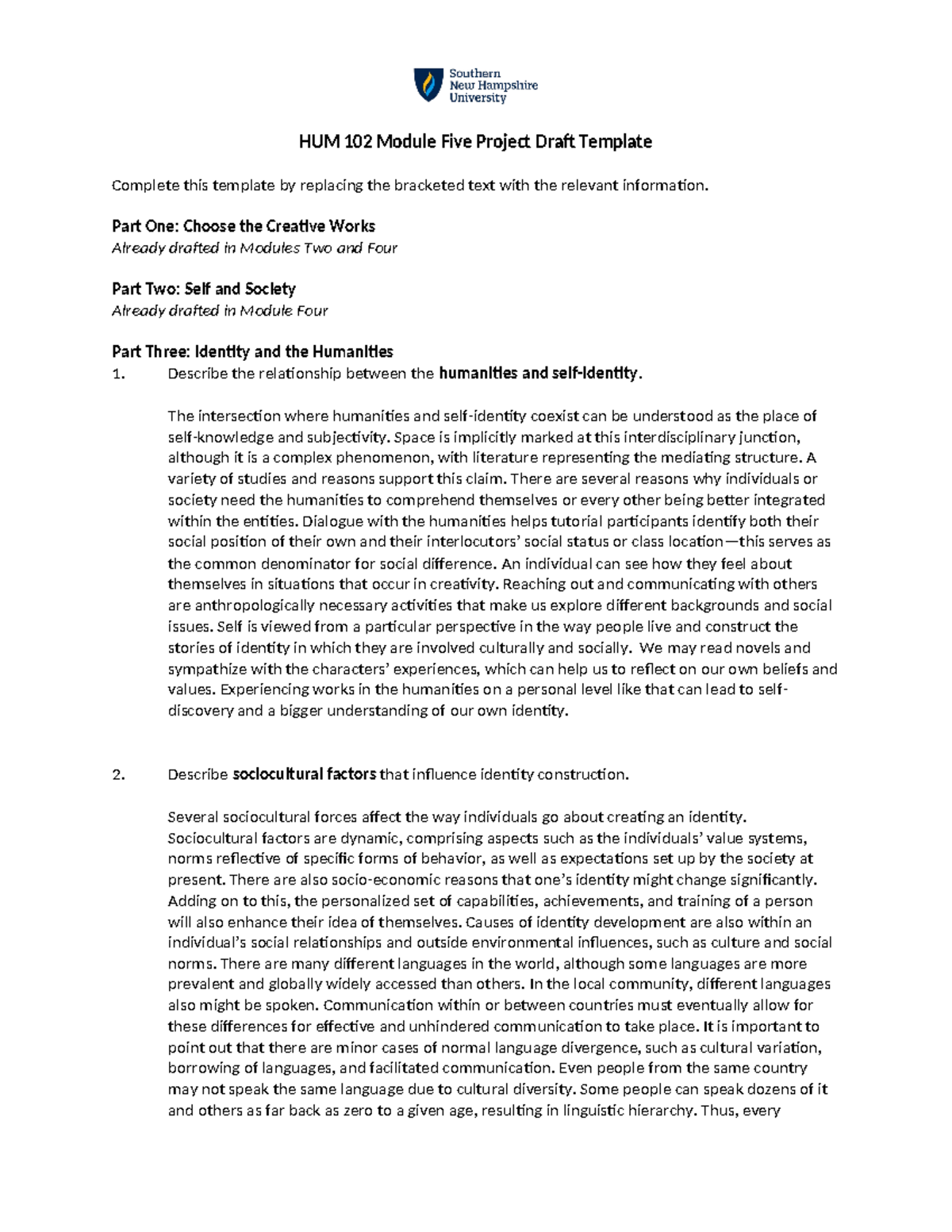 HUM 102 Module 5 Project Draft Template on Identity and Humanities ...