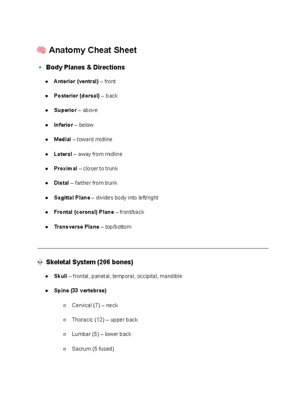 Anatomy Cheat Sheet: Body Planes & Directions Overview for ANAT 101 ...