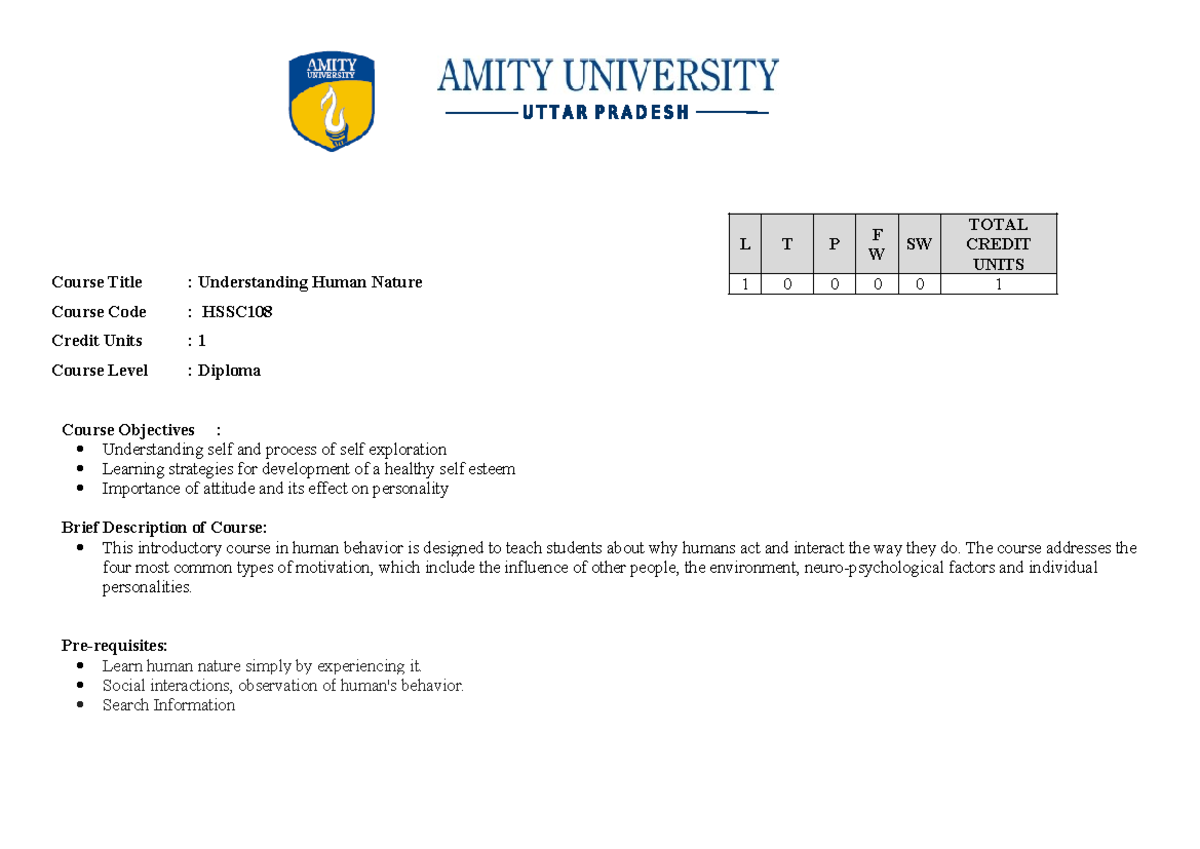 Syllabus for HSSC: Understanding Human Nature Course (Diploma) - Studocu