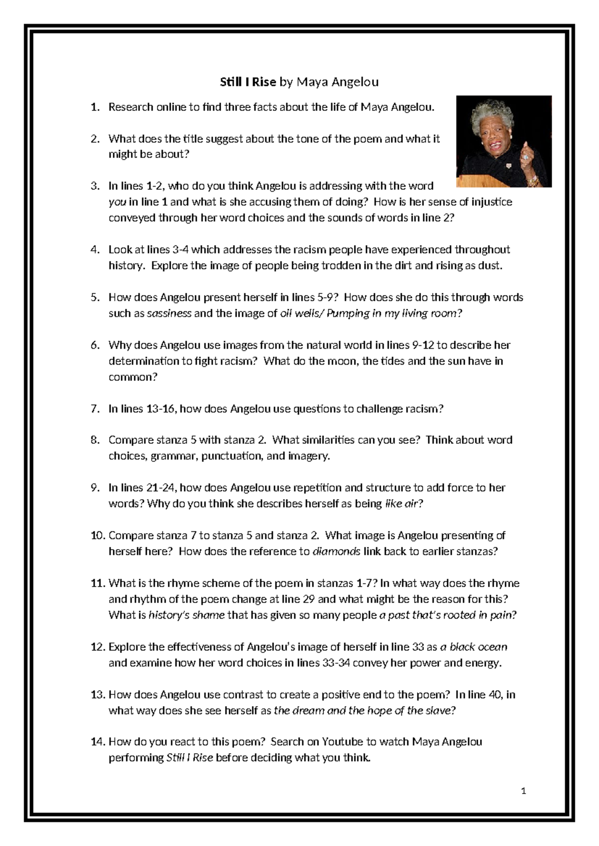 Still I Rise: Analysis and Insights on Maya Angelou's Poem - Studocu