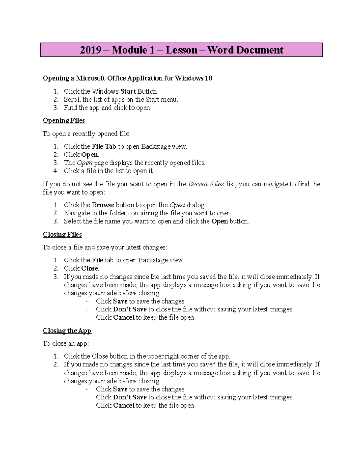 2019 - Module 1 - Lesson: Microsoft Word Basics and Features - Studocu