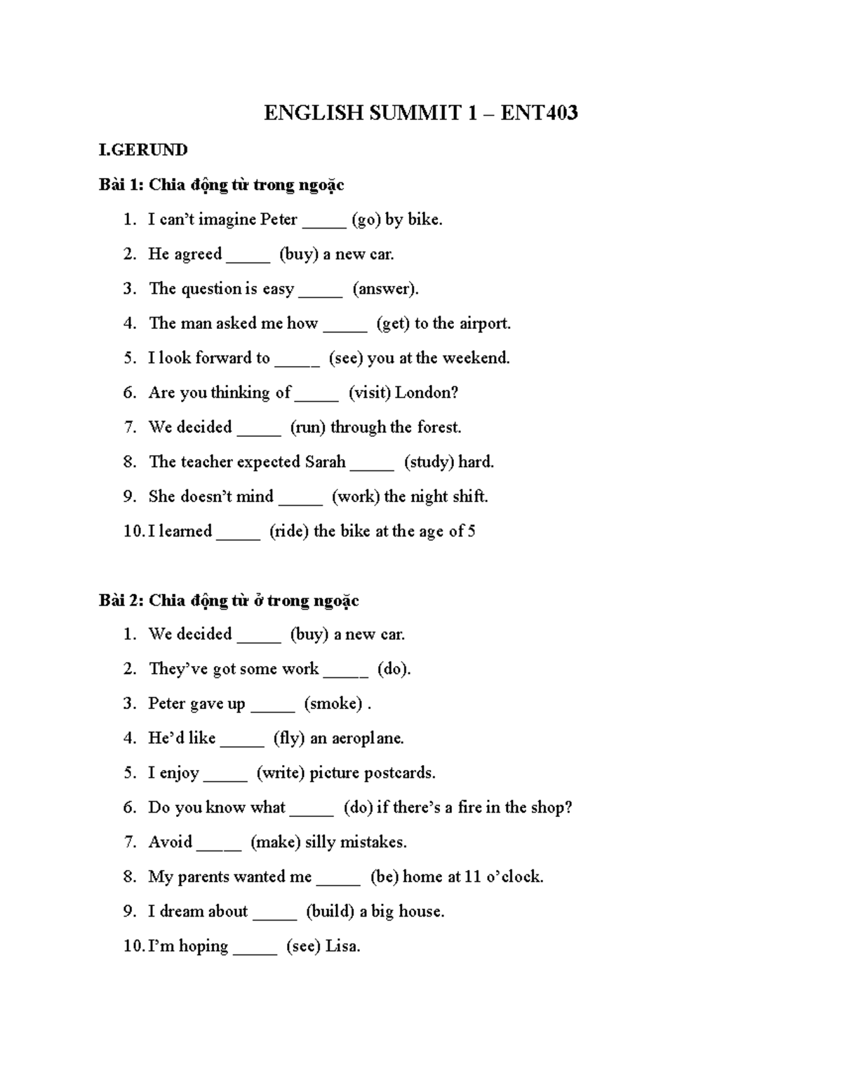 ENGLISH SUMMIT 1 ENT403 I.GERUND Verb Conjugation Exercises - Studocu