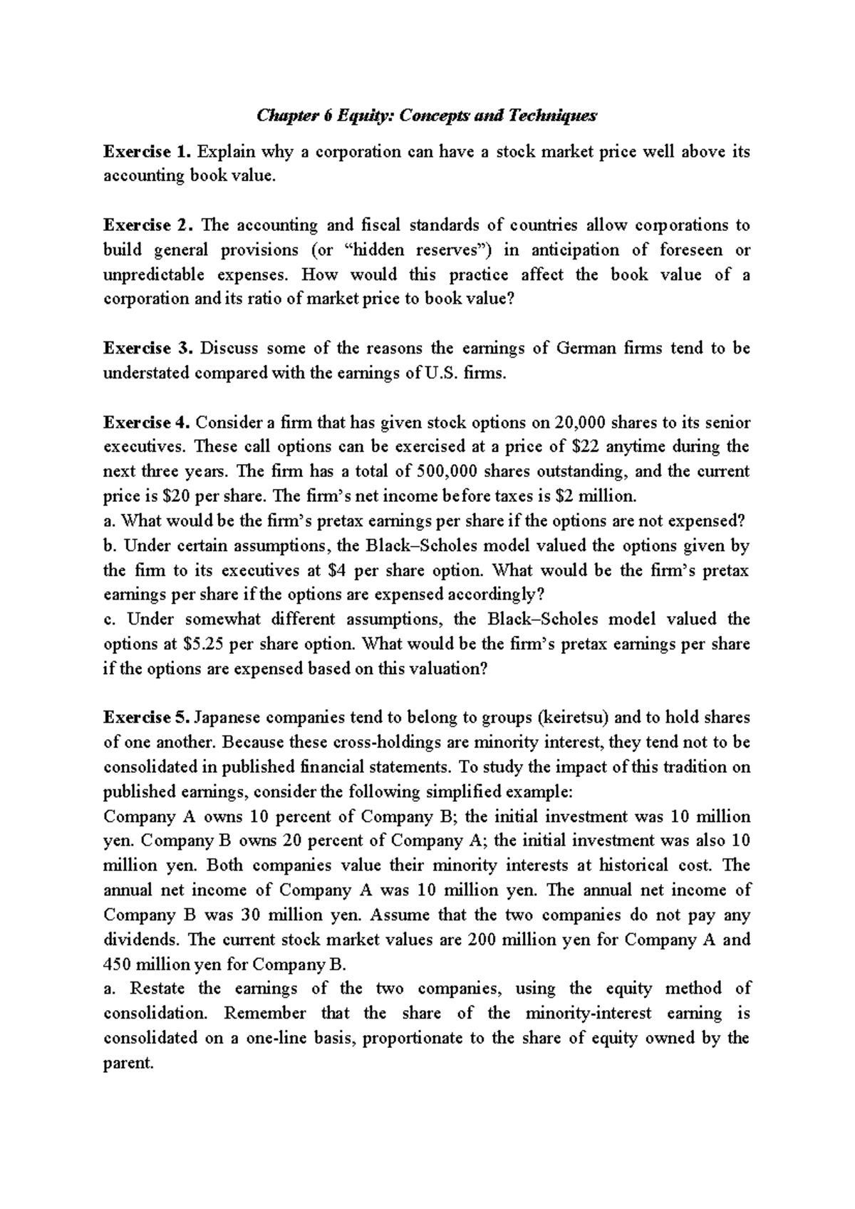 Chapter 6 Equity: Concepts & Techniques - Exercises Overview (FIN 101 ...
