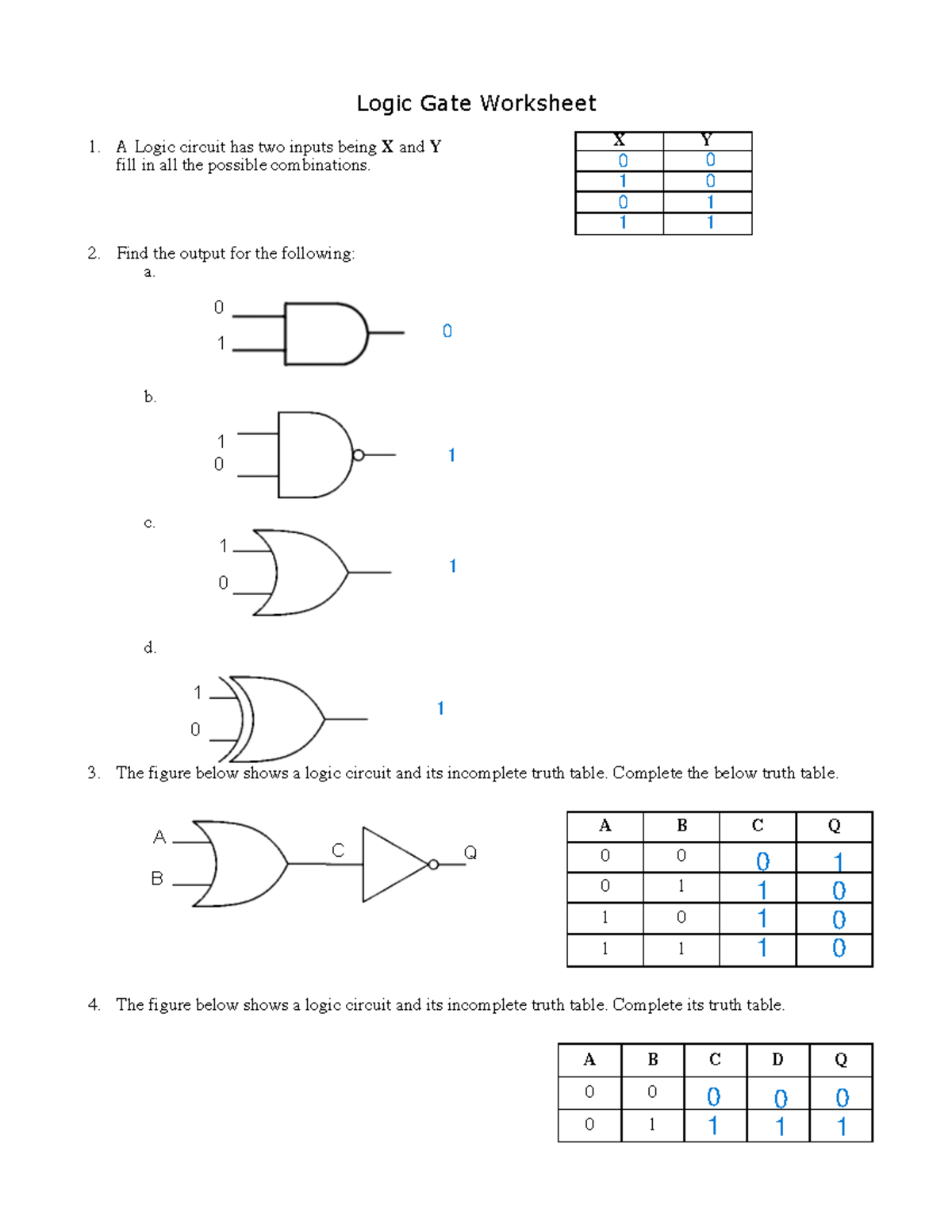 Logic Gates Exercise Answers - Logic Circuit Combinations and Truth ...