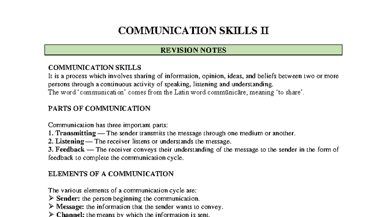 COMMUNICATION SKILLS II: REVISION NOTES & KEY CONCEPTS - Studocu
