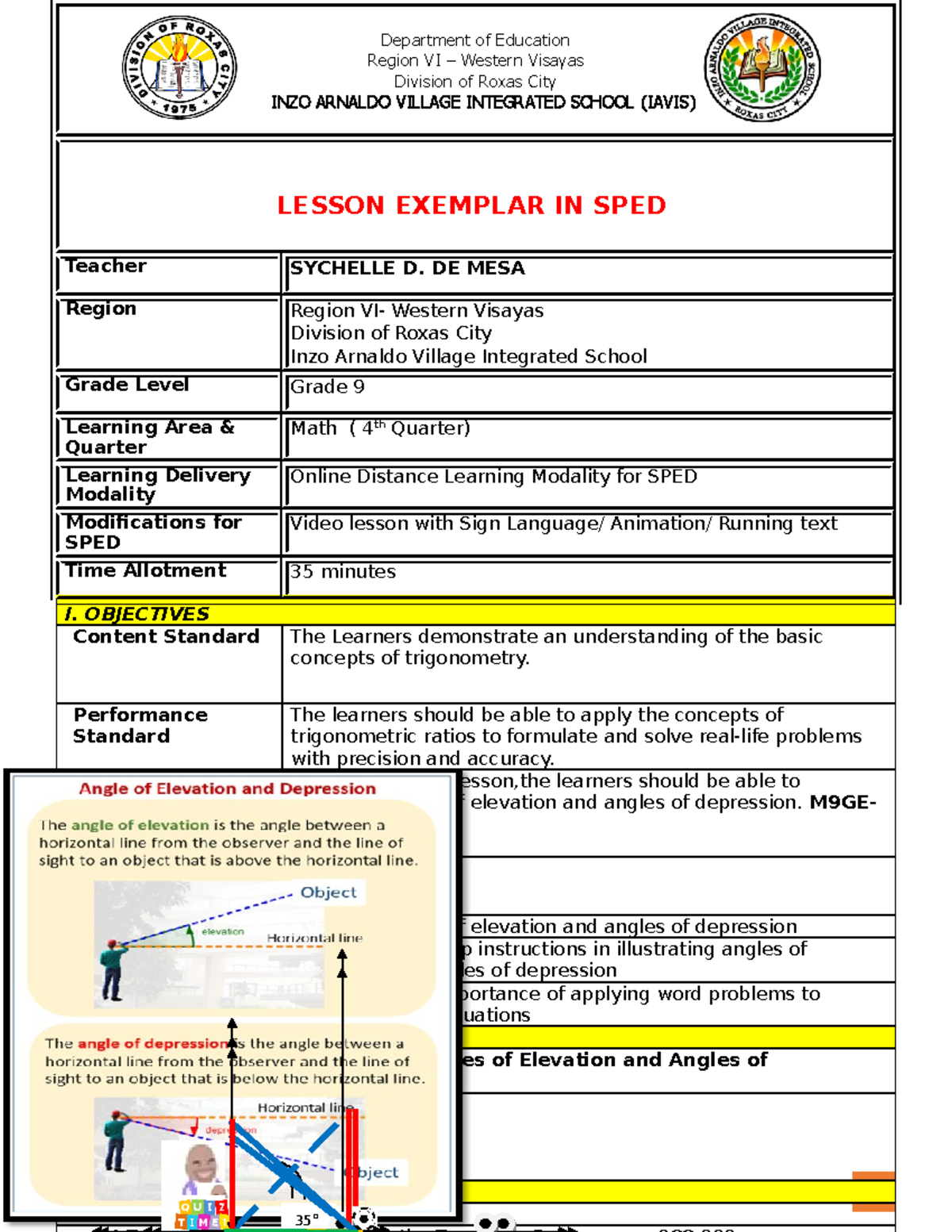 MATHEMATICS 9 - 4TH QUARTER: Angles of Elevation & Depression Lesson ...