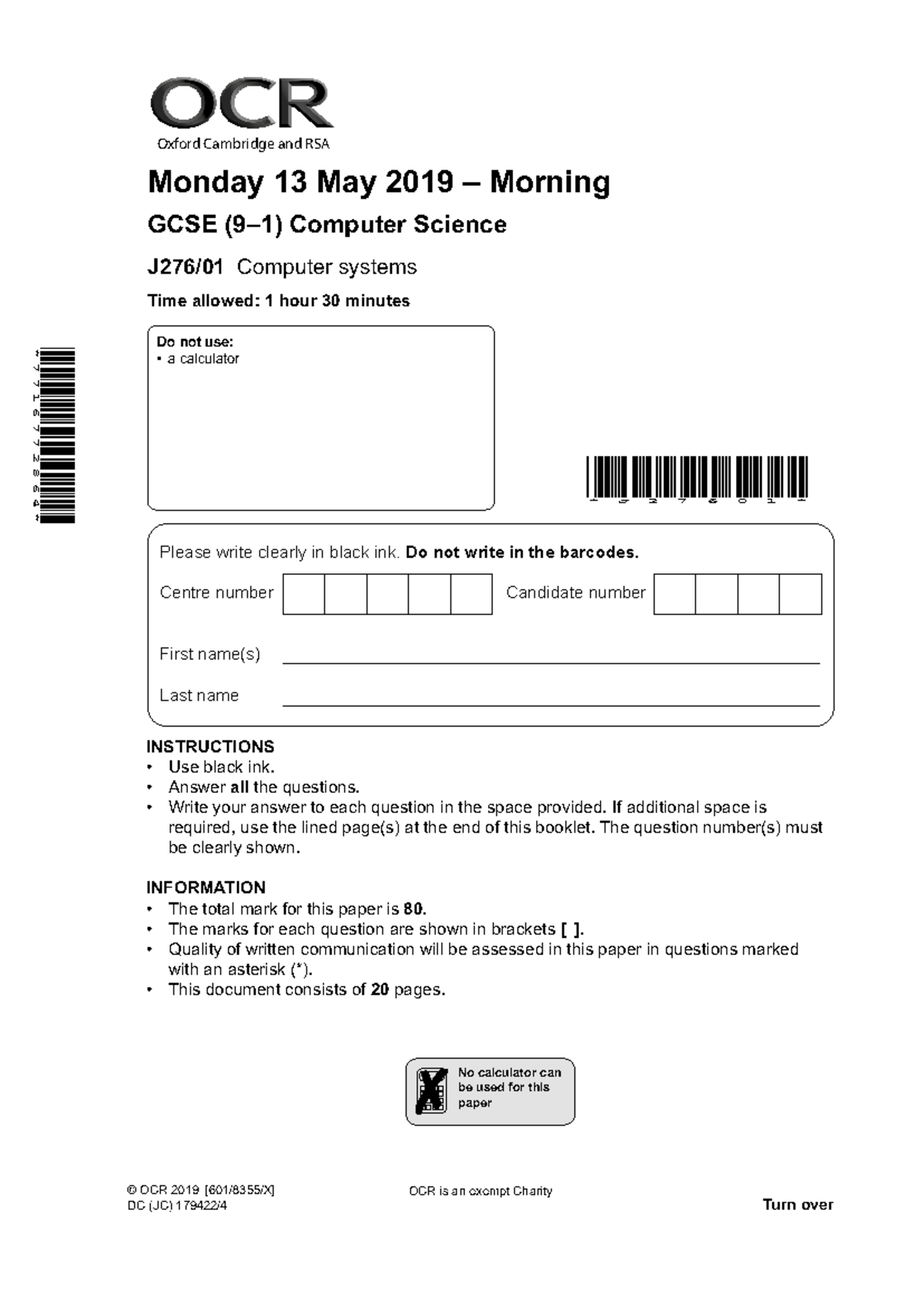 J276 GCSE Computer Science Past Paper - 13 May 2019 Morning Exam - Studocu