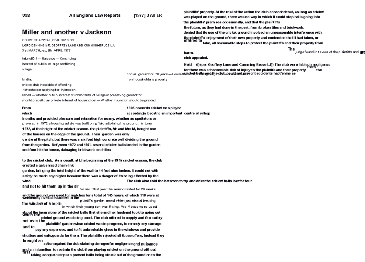 Miller v Jackson: Court of Appeal Decision on Nuisance Claim - Studocu