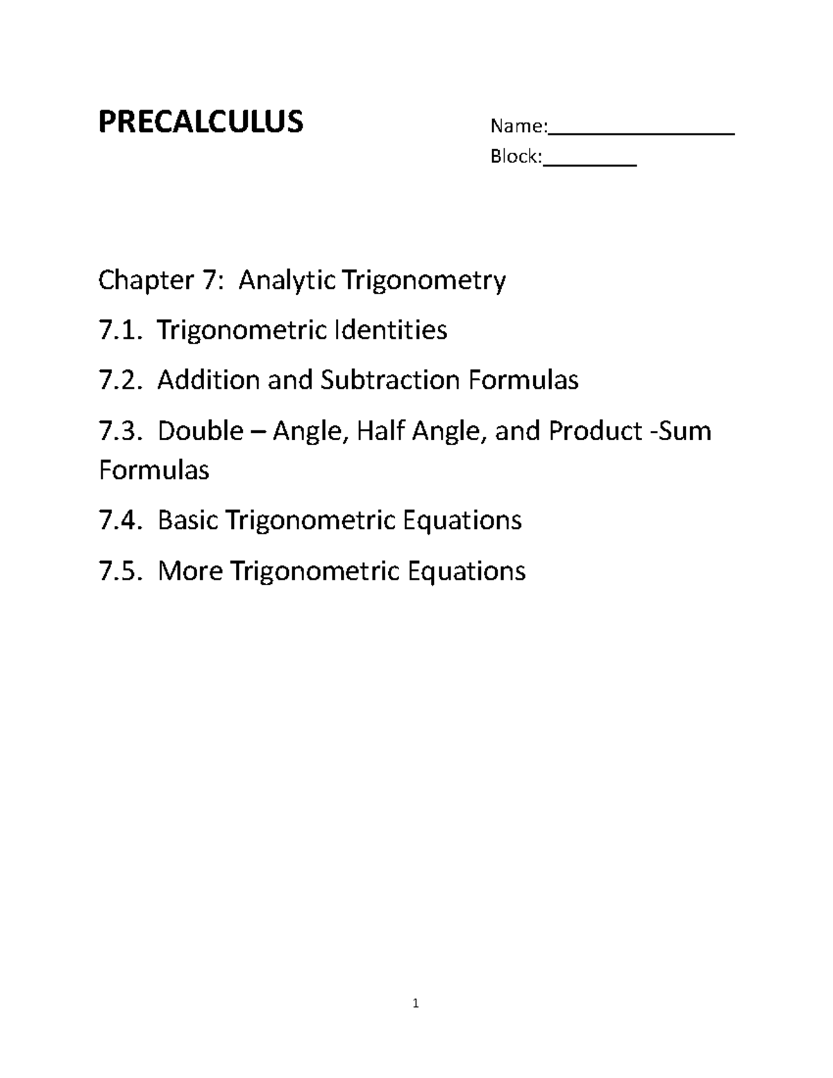 PRECALCULUS (MATH101) Chapter 7: Analytic Trigonometry Notes - Studocu
