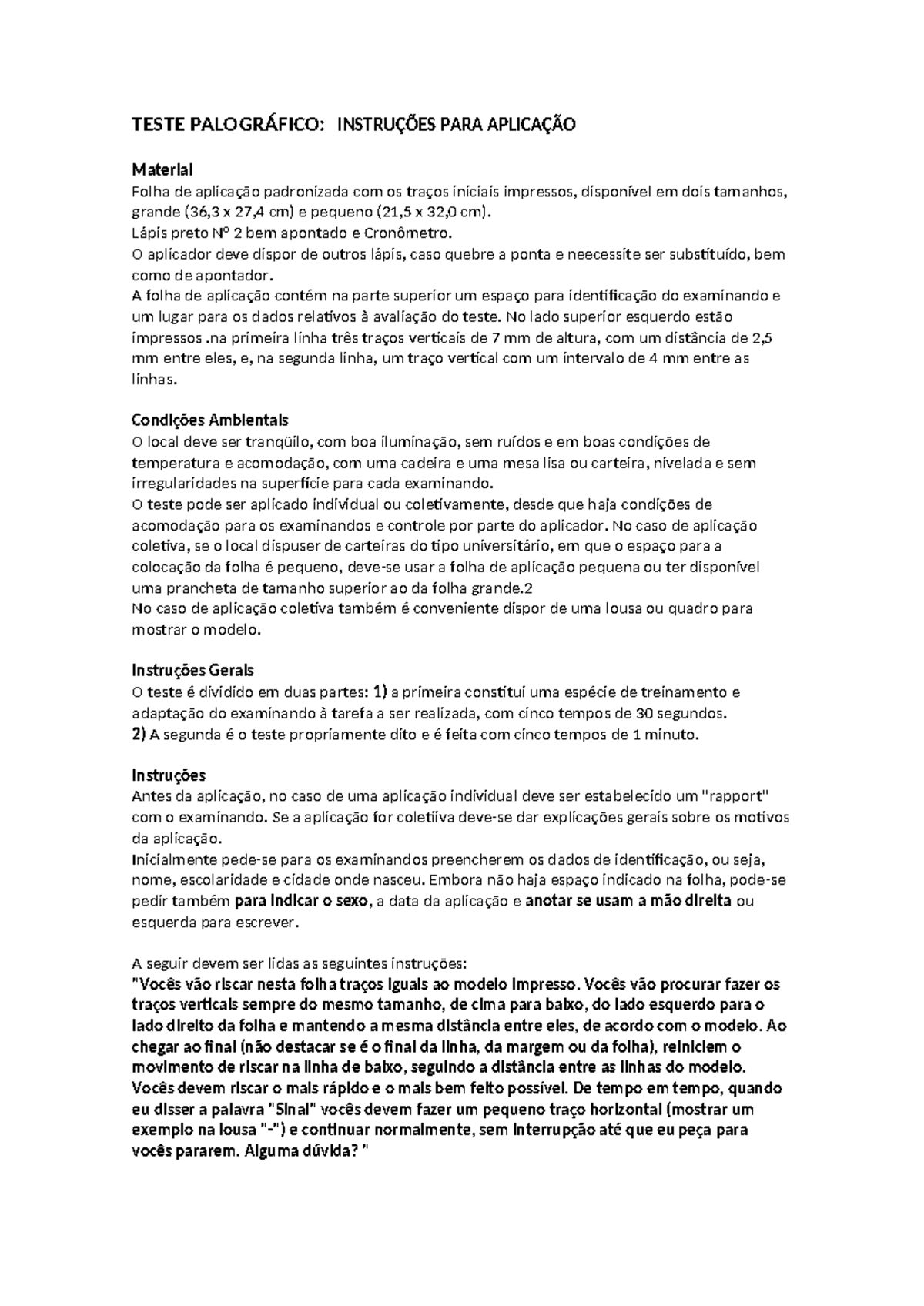 Palografico - Instruções e Resumo para Aplicação do Teste - Studocu