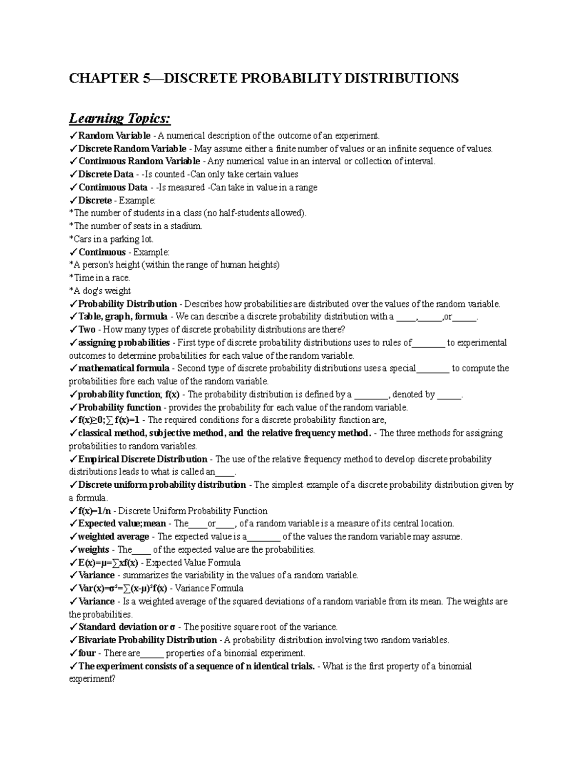 Chapter 5: Discrete Probability Distributions (BUS172) - Studocu